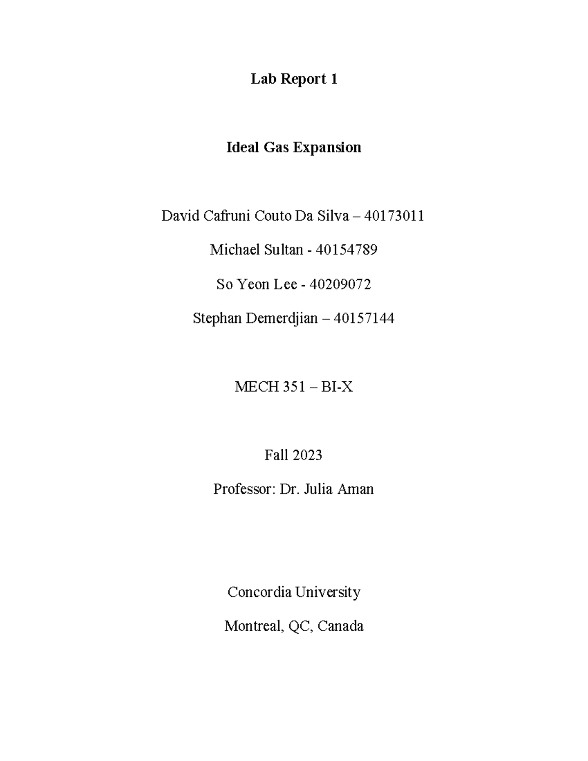 MECH 351 Lab Report 1: Ideal Gas Expansion Analysis Fall 2023 - Studocu