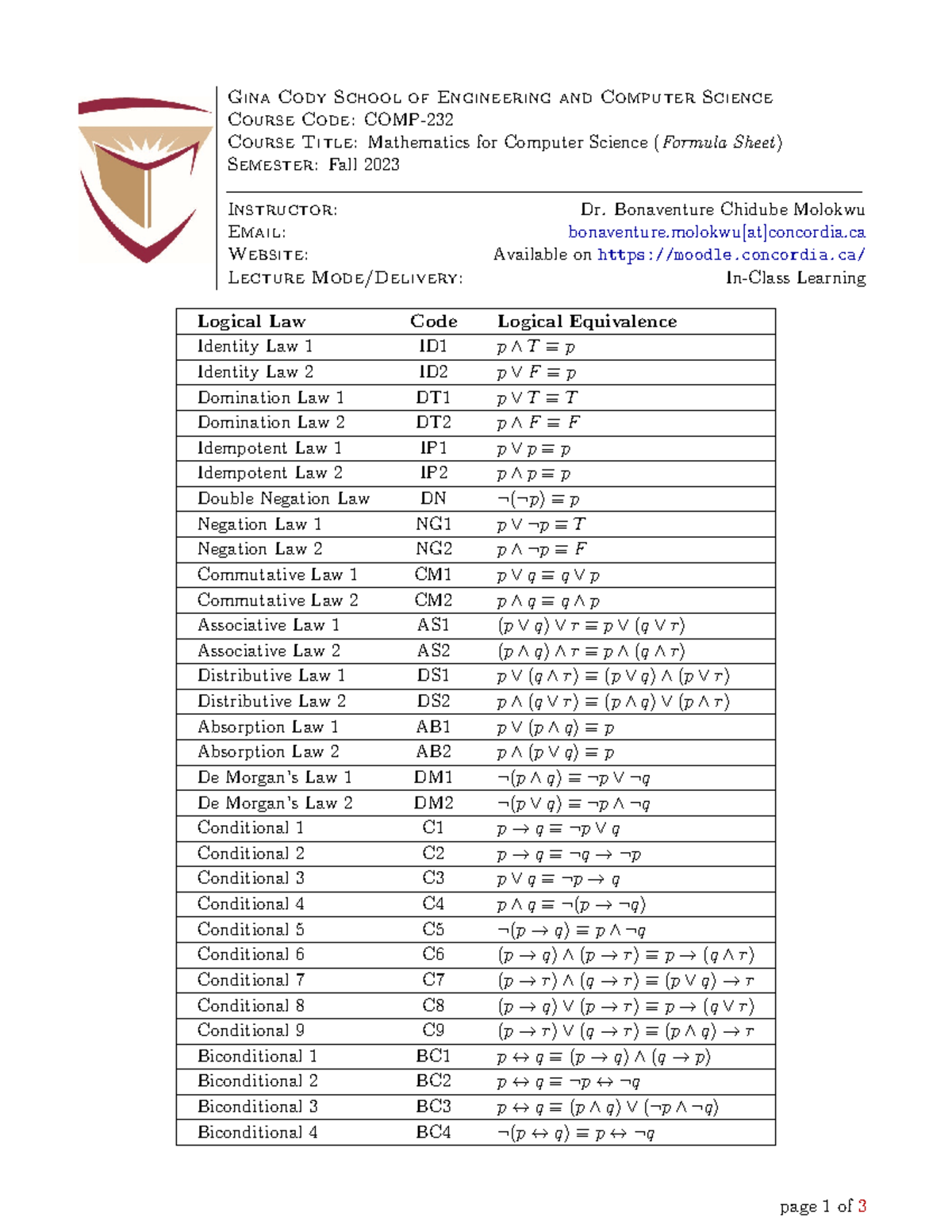 COMP-232 Formula Sheet: Logic Laws and Inference Rules (Fall 2023 ...