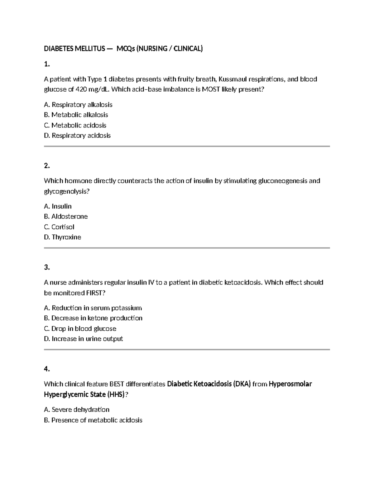 DIABETES MELLITUS MCQs (NURSING CLINICAL) Quiz Notes - Studocu