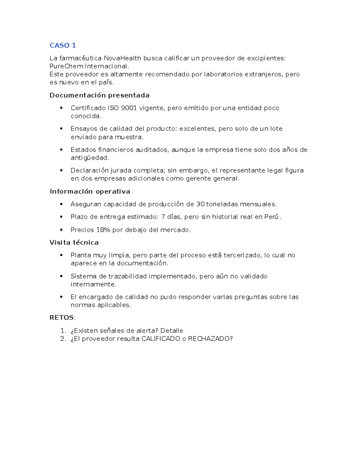 CASO 1: Evaluación de Proveedor PureChem Internacional - TAREA ...