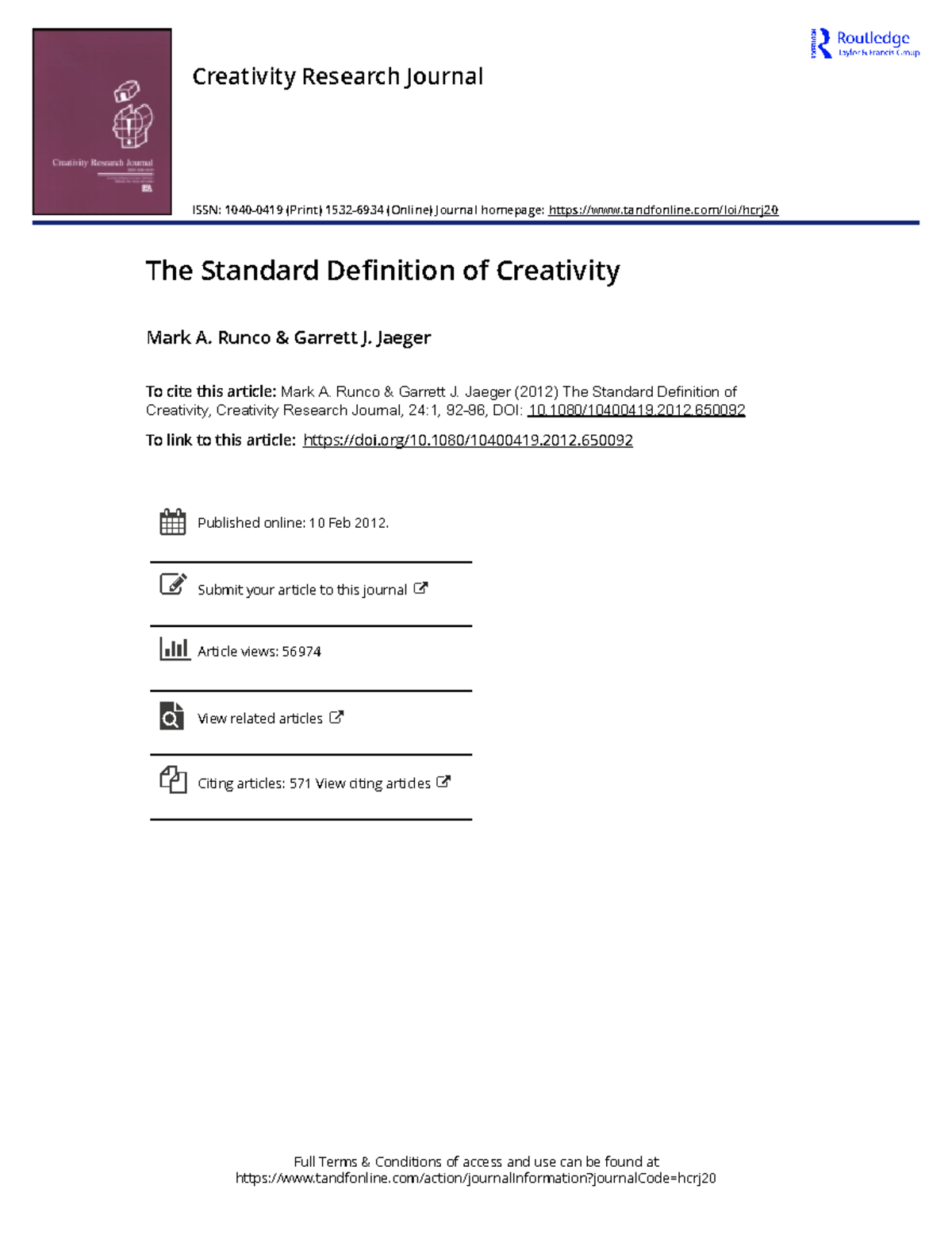Creativity Research Journal: Revisiting the Standard Definition - Studocu