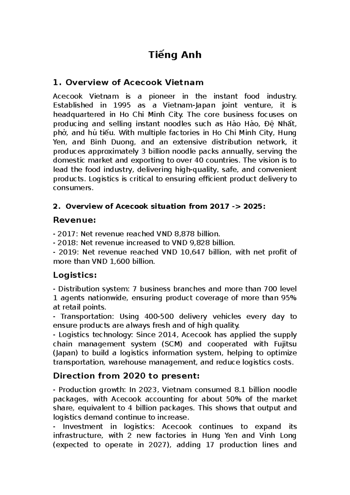 Tiếng Anh 1: Overview of Logistics Operations at Acecook Vietnam - Studocu