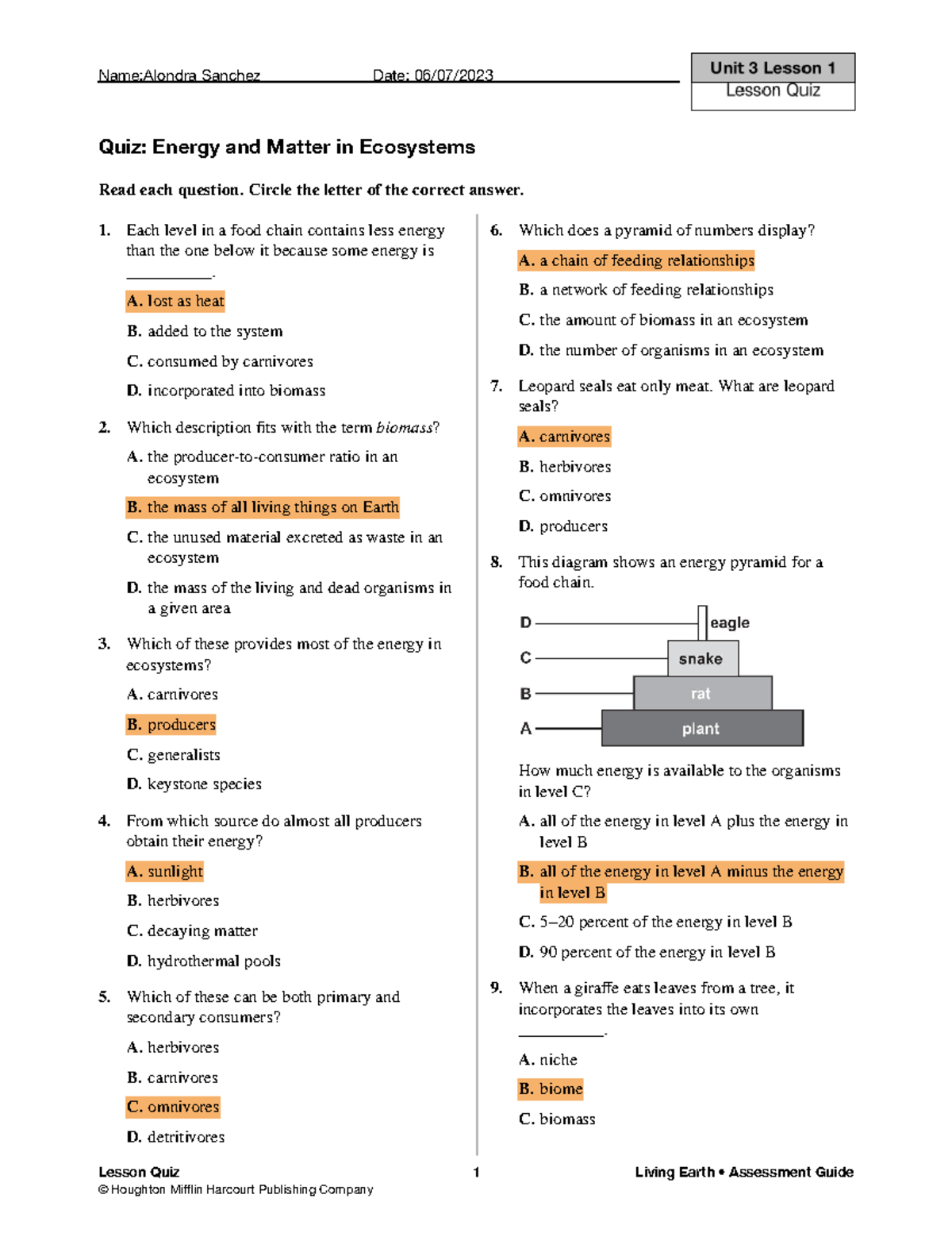 Energy and Matter In Ecosystems Quiz Answers - Quiz: Energy and Matter ...