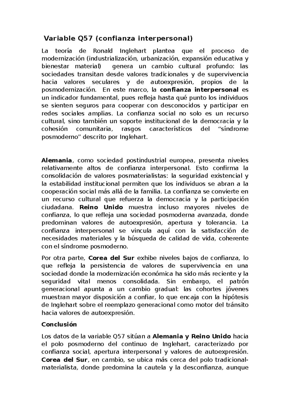 Variable Q57: Confianza Interpersonal y Valores Posmodernos según ...