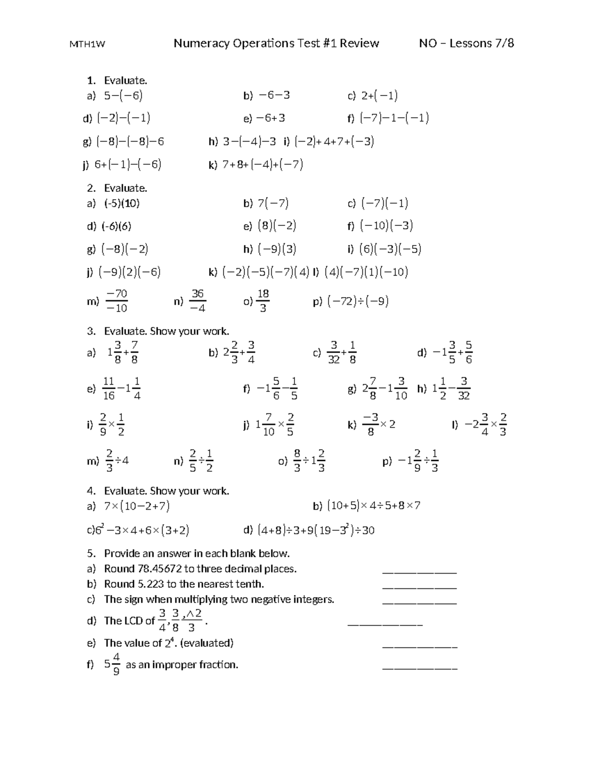 2024 MTH1W Numeracy Operations Test Review NO Lessons - Studocu