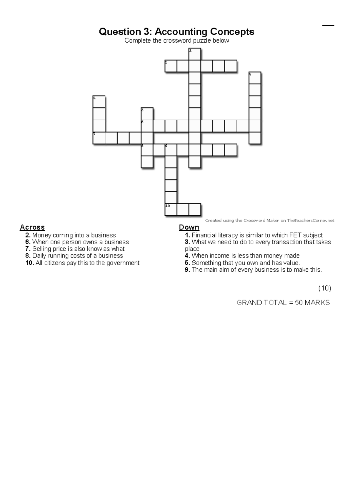 Crossword- accounting concepts 2 - Question 3: Accounting Concepts ...