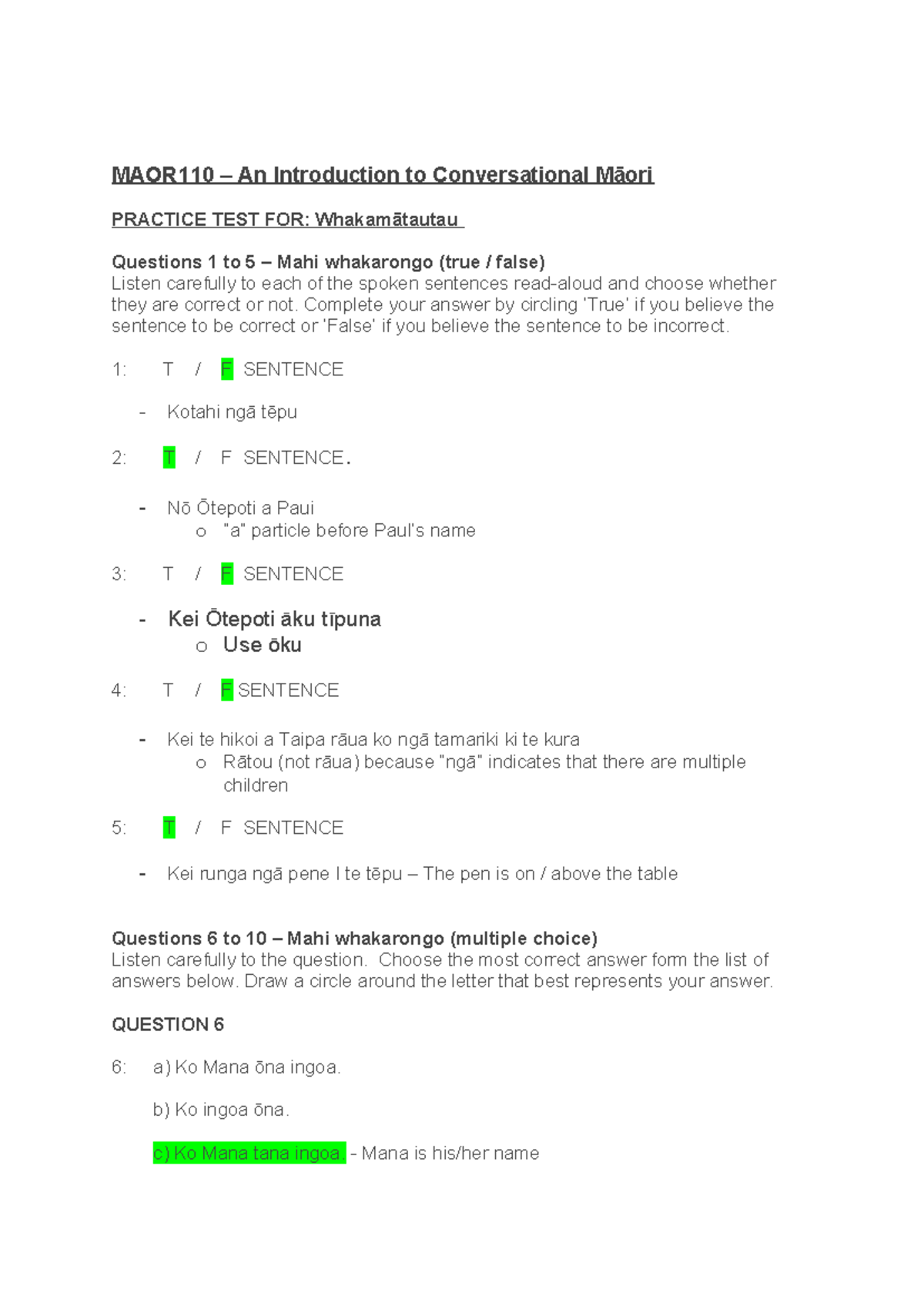MAOR110 Practice Test for Whakamātautau: Conversational Māori - Studocu