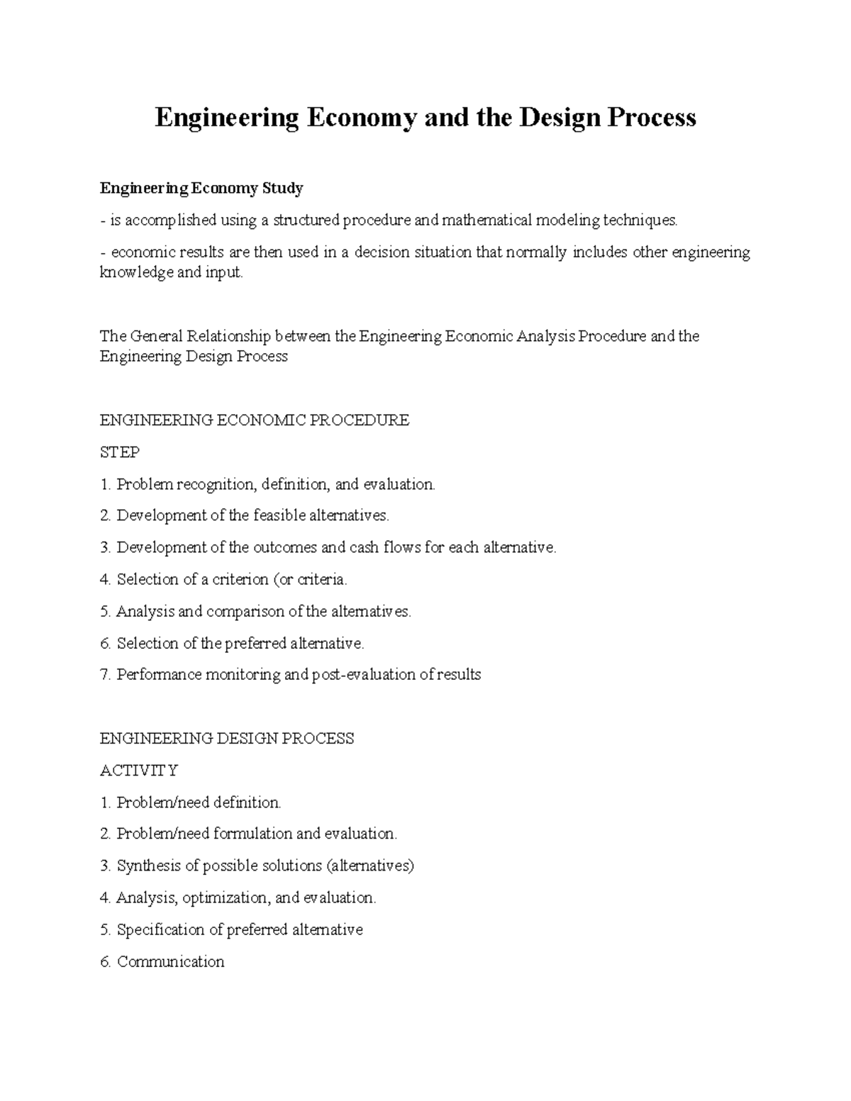 Engineering Economy and the Design Process - Engineering Economy and ...