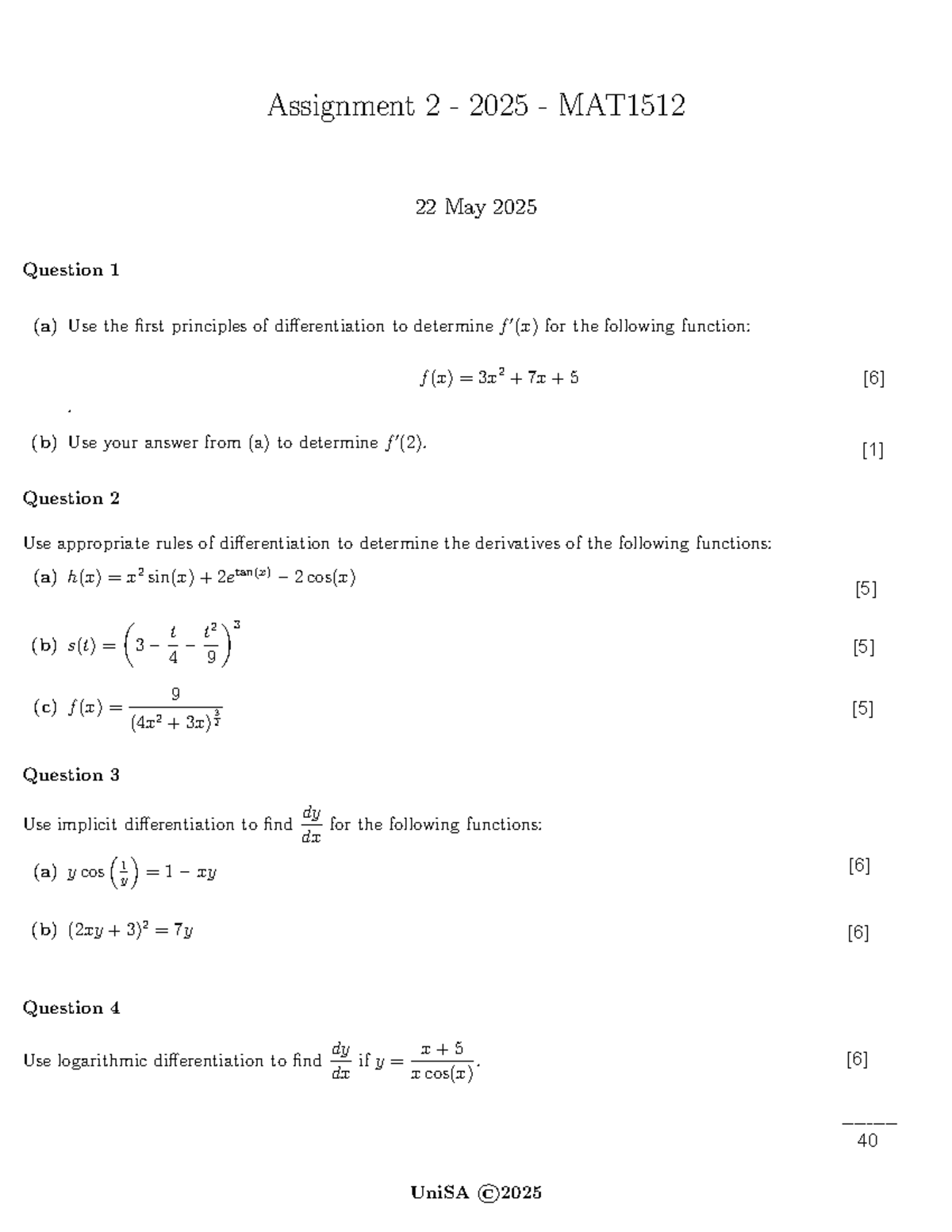 Assignment 2 - Calculus MAT1512: Differentiation Techniques - Studocu