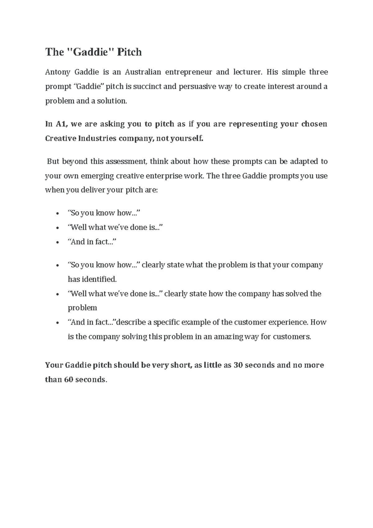 Gaddie Pitch Instructions for A1: Creative Industries Presentation ...
