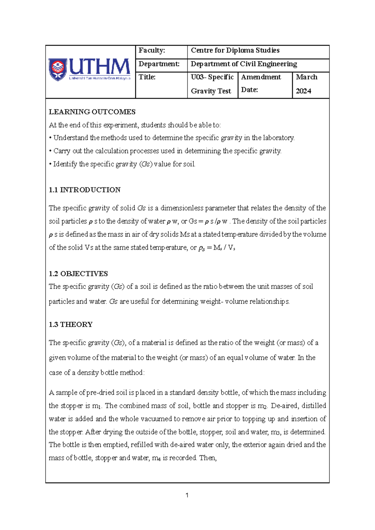 LAB Report: Specific Gravity Test G4 - March 2024 - Studocu