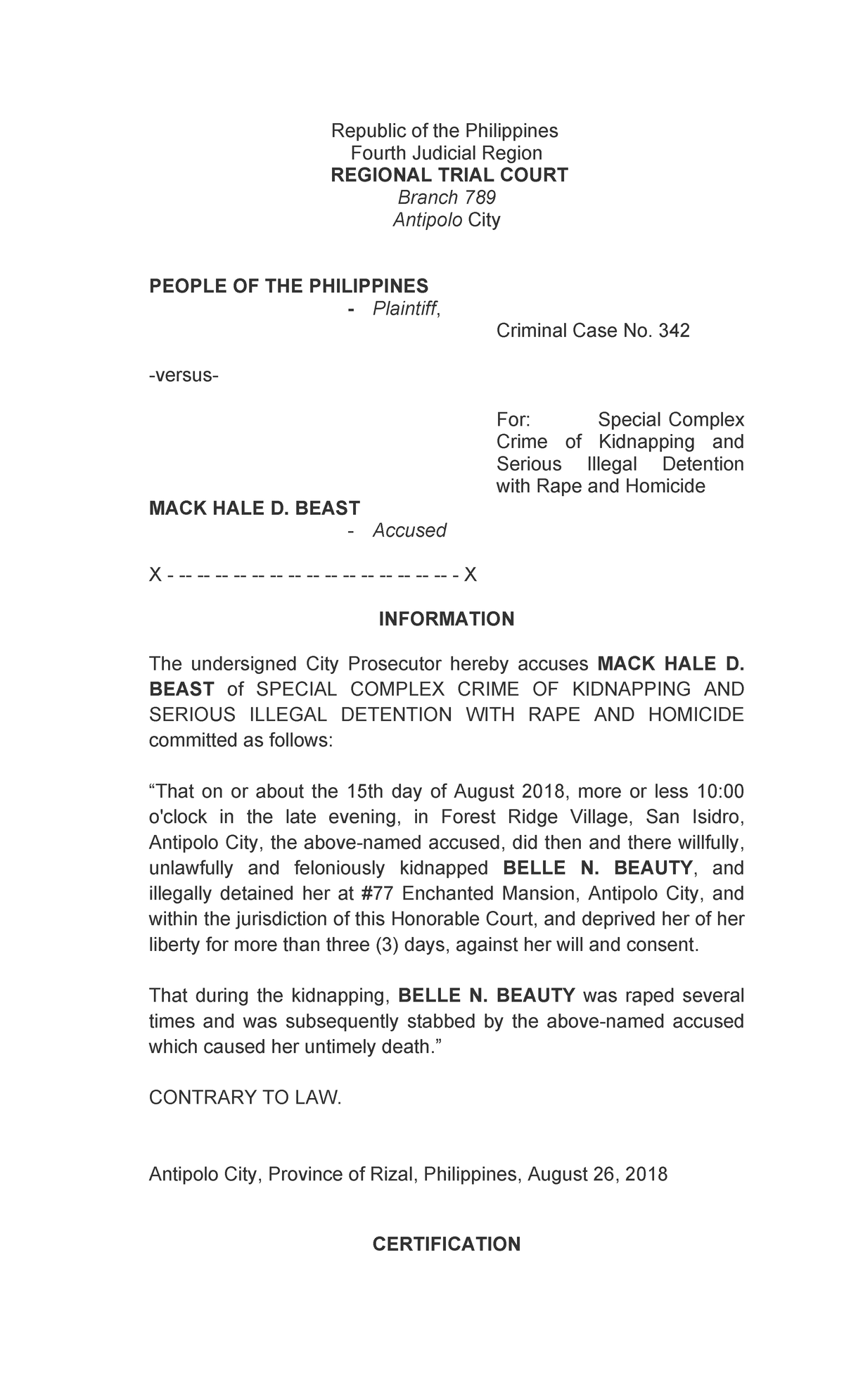 Criminal Case No. 342: Special Complex Crime Info - Lecture Notes - Studocu