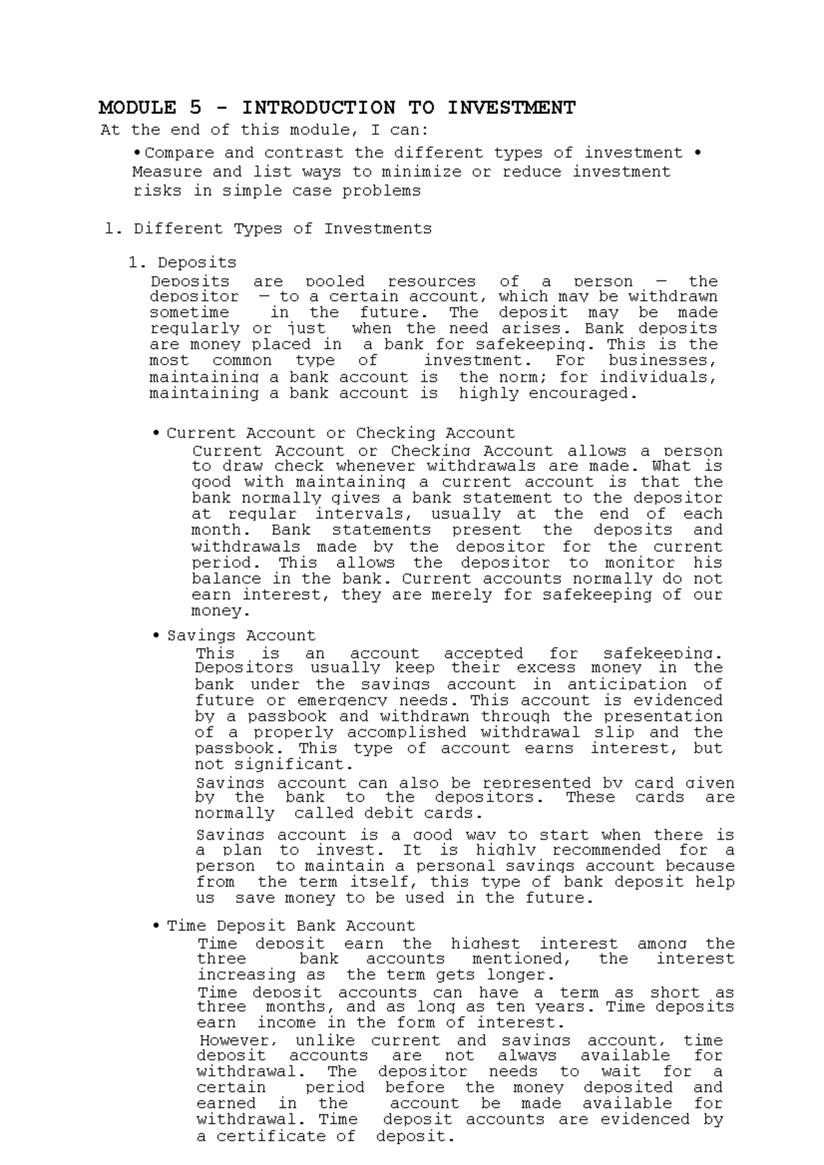 Module 6 - lectures - MODULE 6 - MONEY MANAGEMENT At the end of this ...