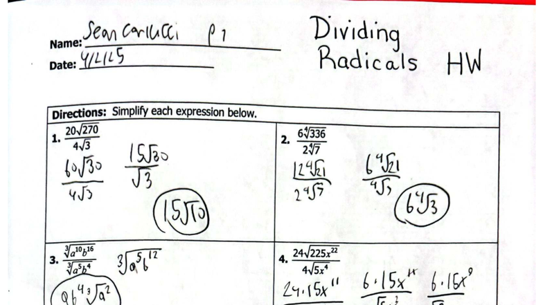 Dividing Radicals Homework Assignment P1 - Simplification Instructions ...