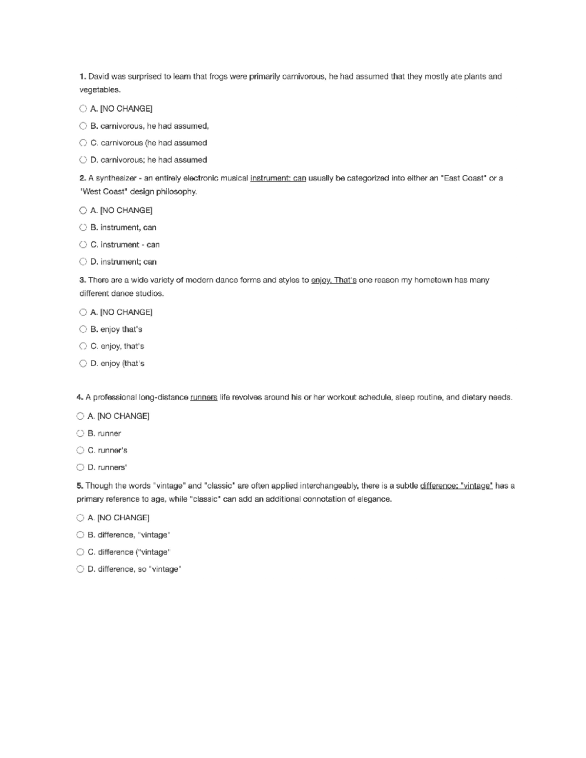 Quiz 5 - Punctuation - For Dsat - 1. David was surprised to learn that ...