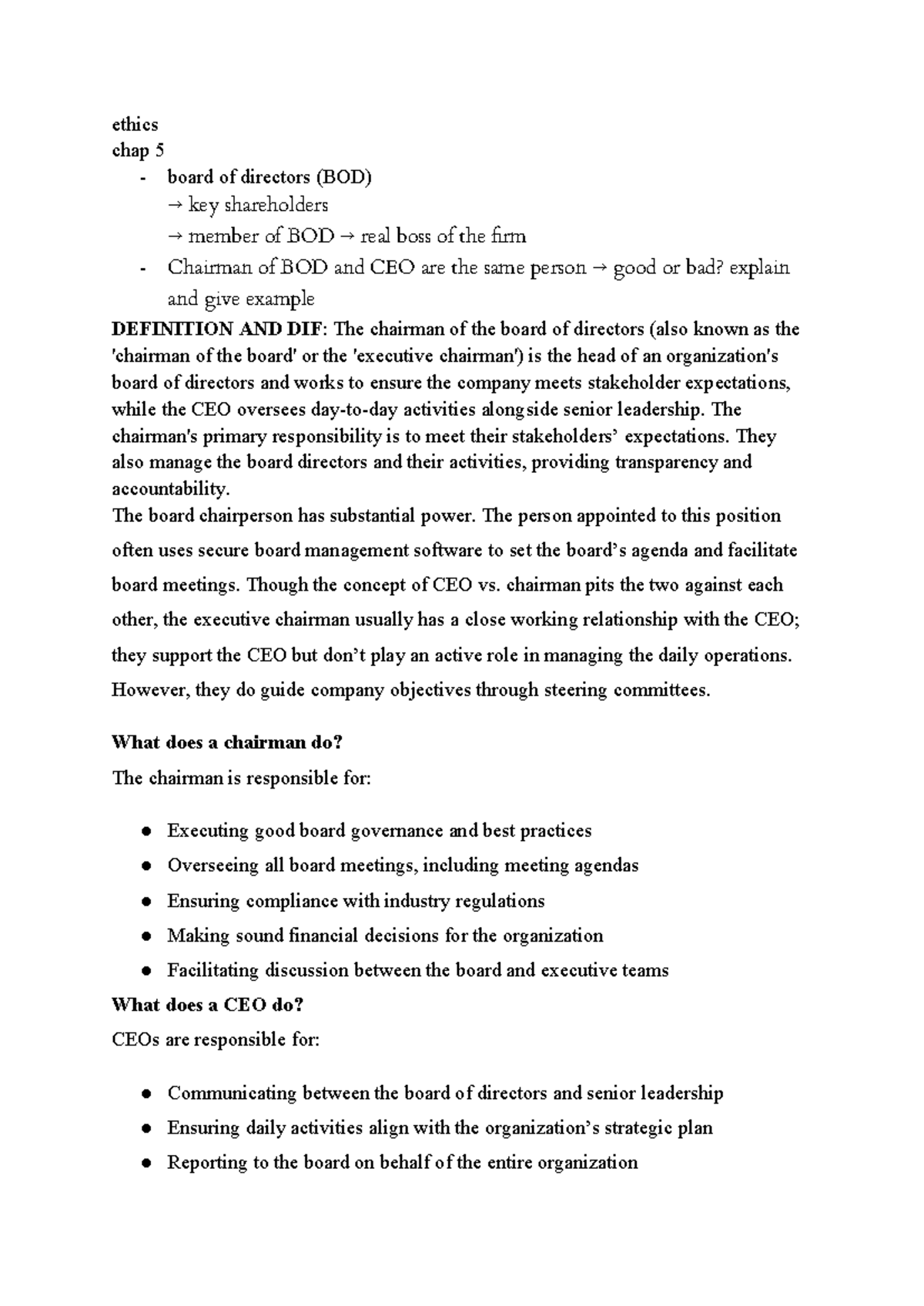 Final Exam Notes: BOD vs. CEO - Ethics in Governance CH5-7 - Studocu