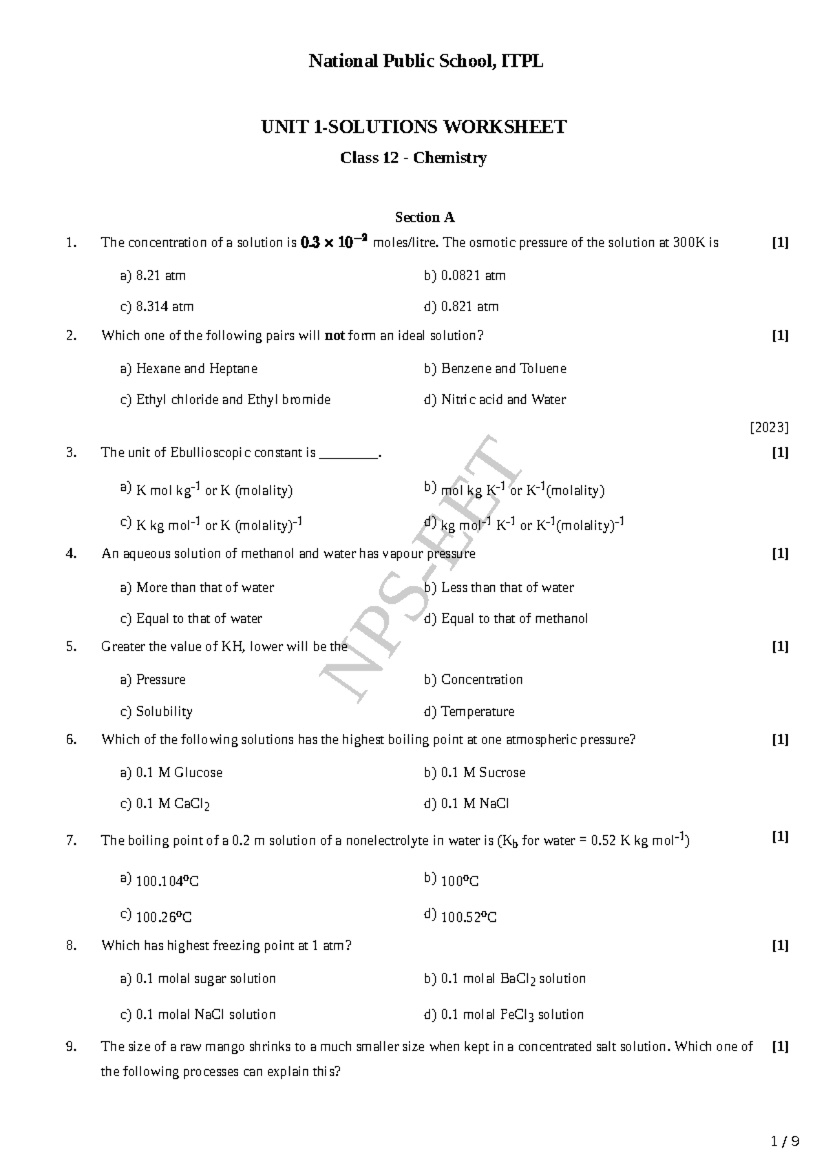 Class 12 Chemistry Unit Worksheet: Osmotic Pressure & Colligative ...