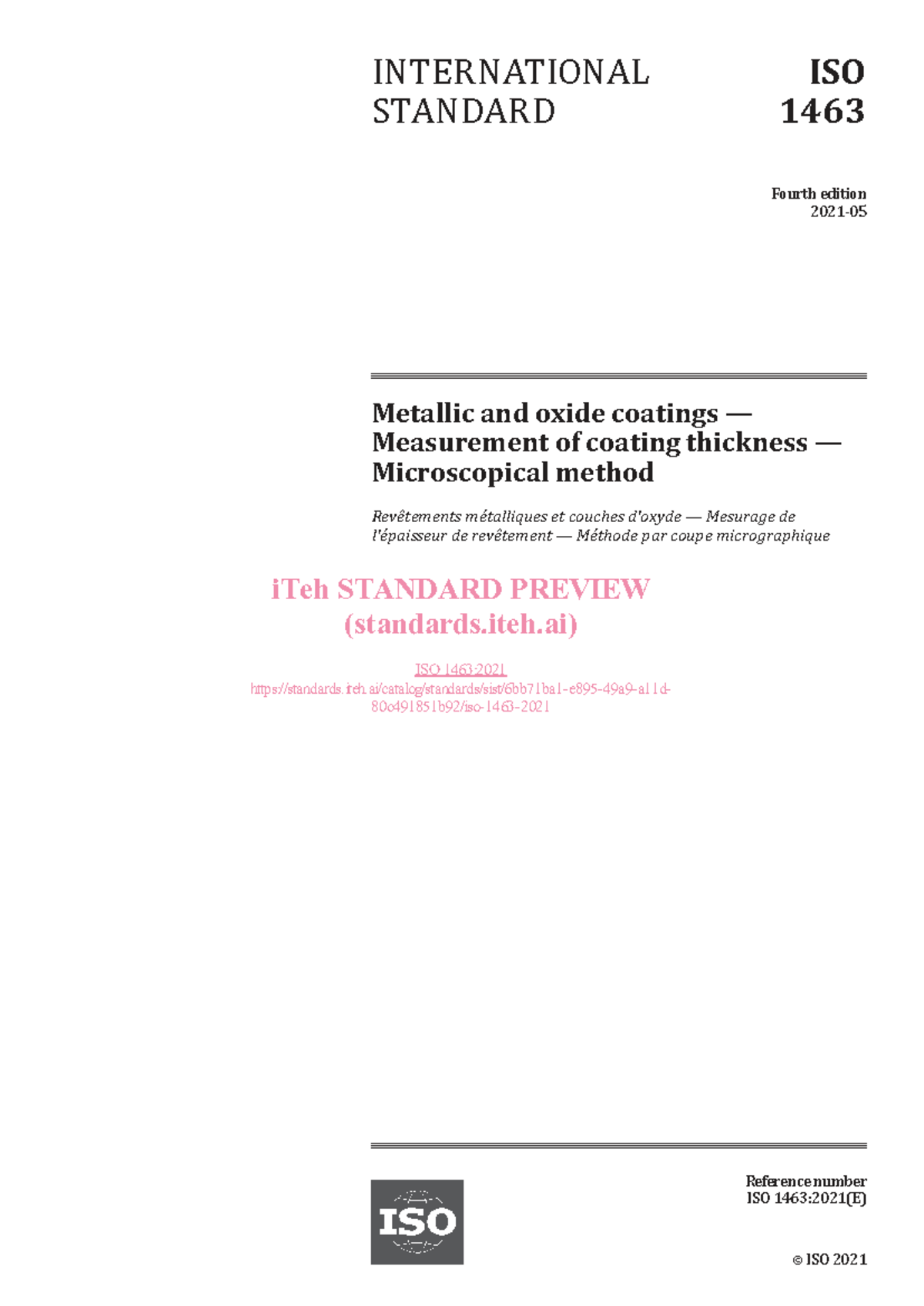 ISO 1463:2021 - Measurement of Coating Thickness by Microscopical ...