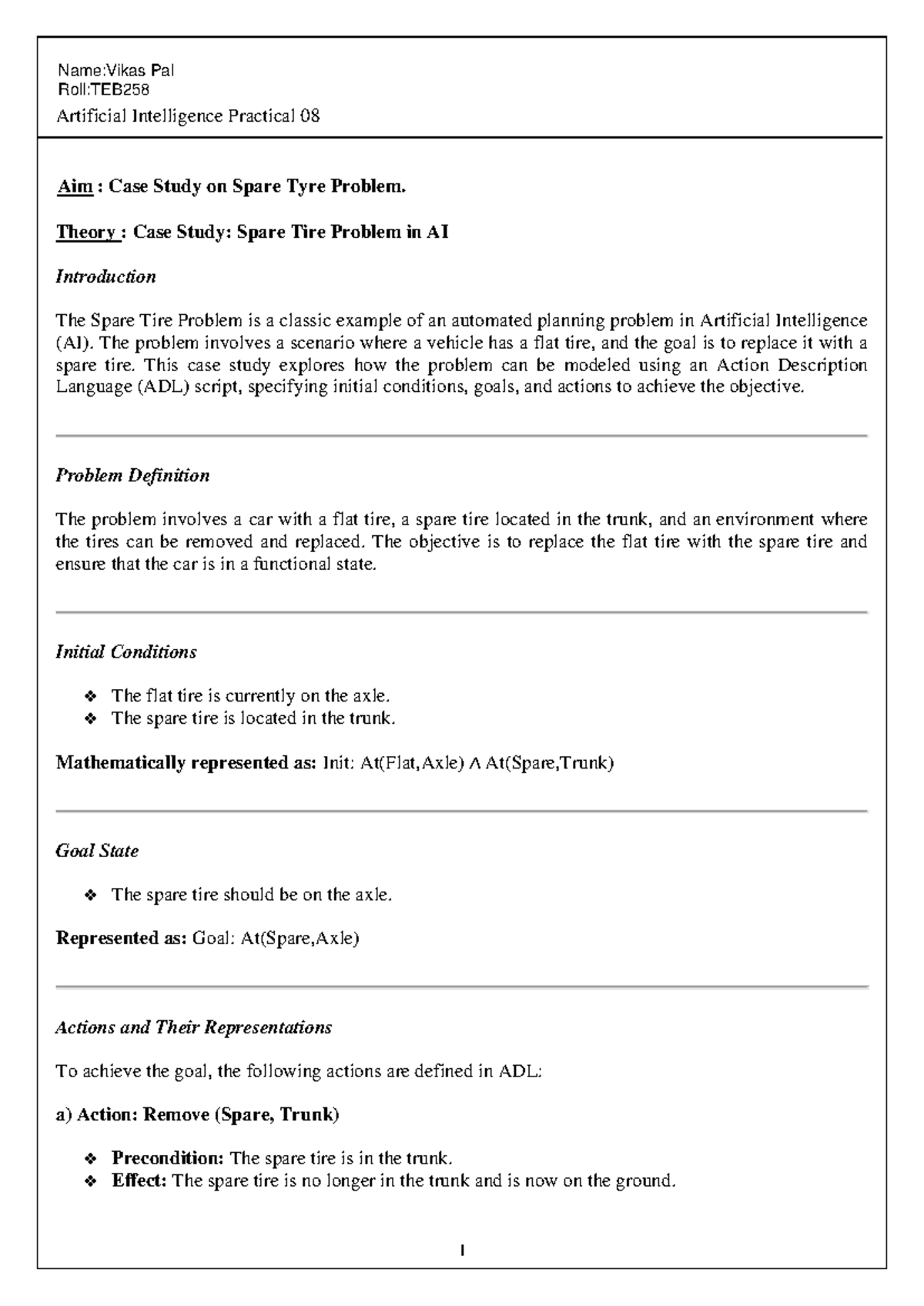 Ai-271 B3 case study on the spare tire problem in artificial intelligence - Studocu