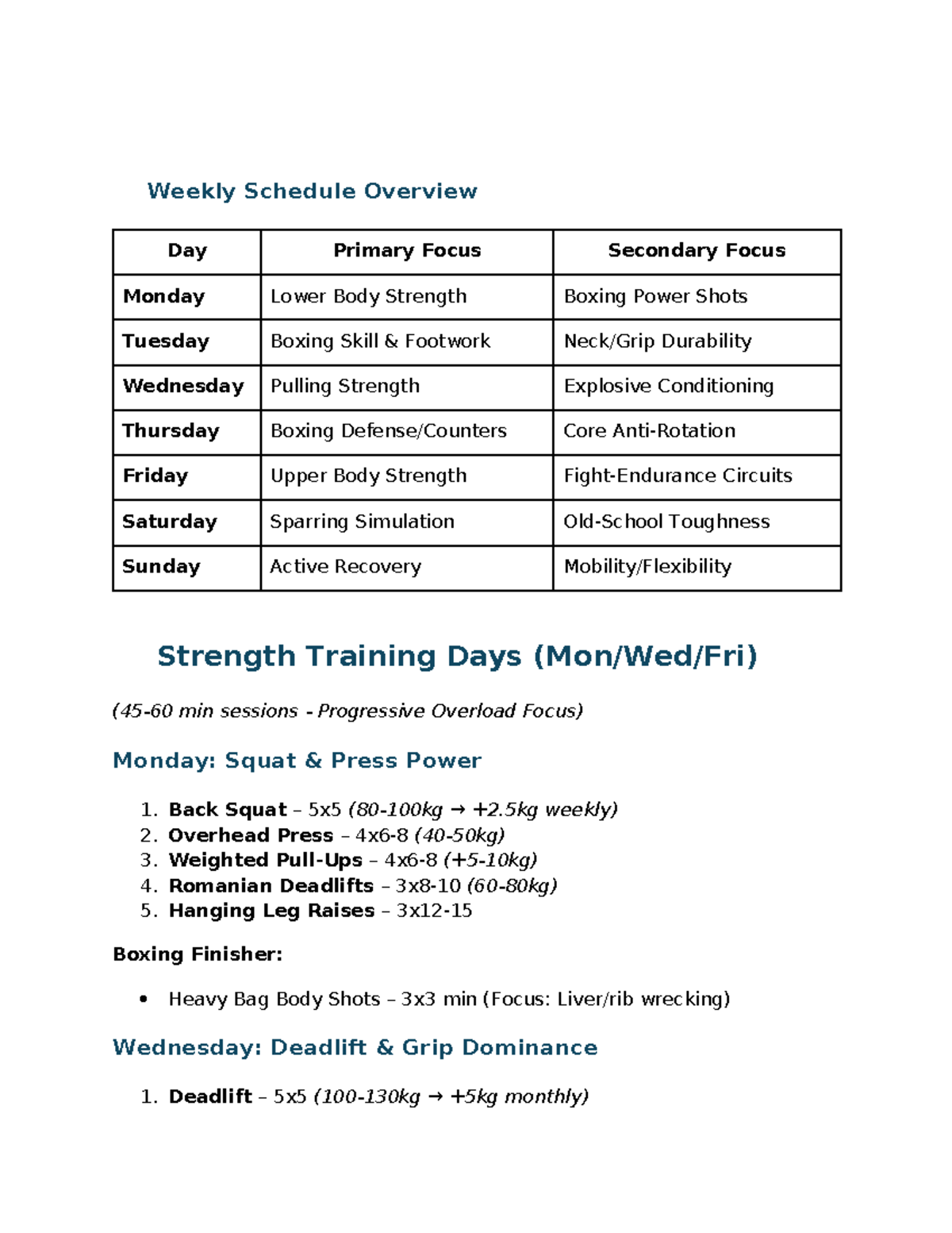 Boxing Training Schedule: Weekly Focus & Session Overview - Studocu