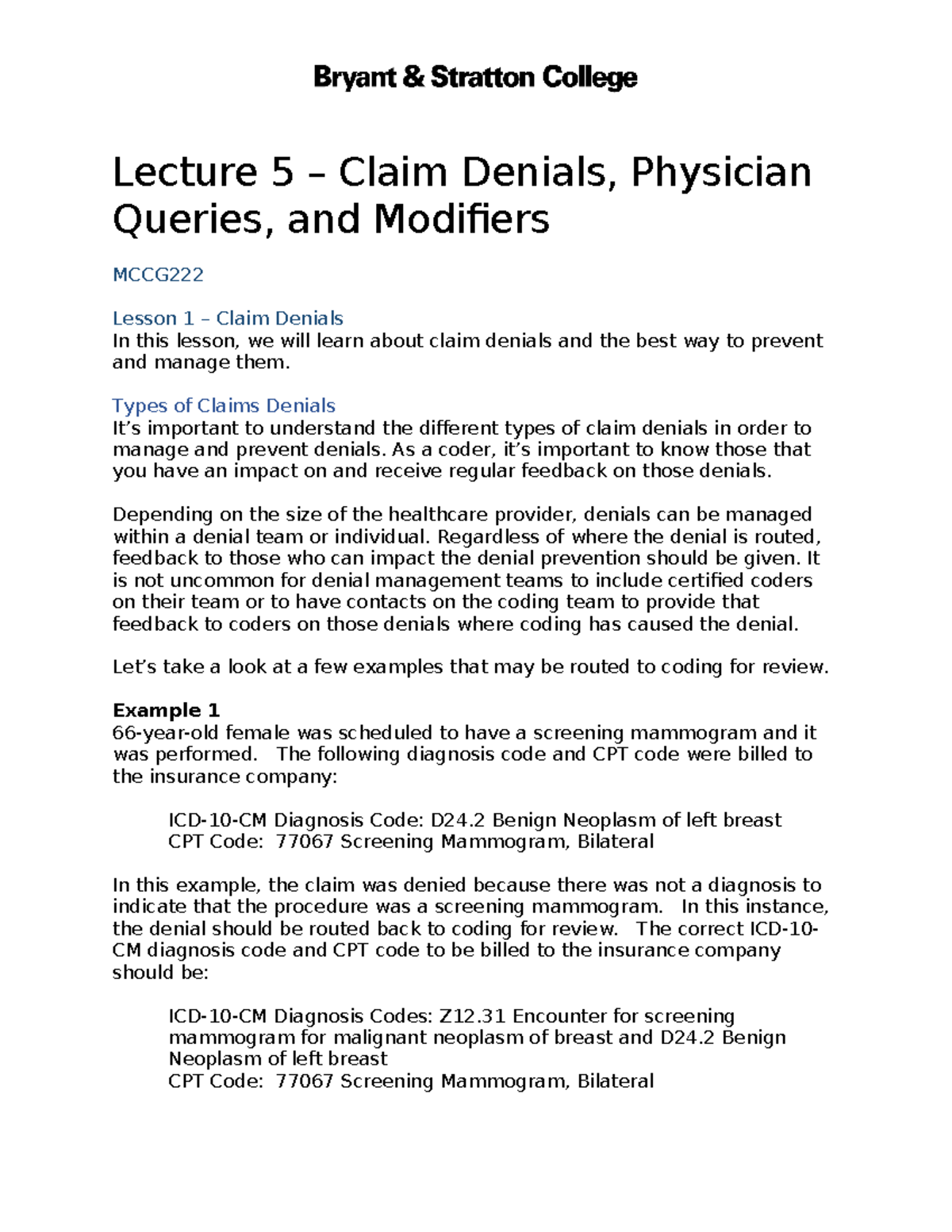 Strategies for Managing Claim Denials in MCCG222 Lecture - Lecture 5 ...