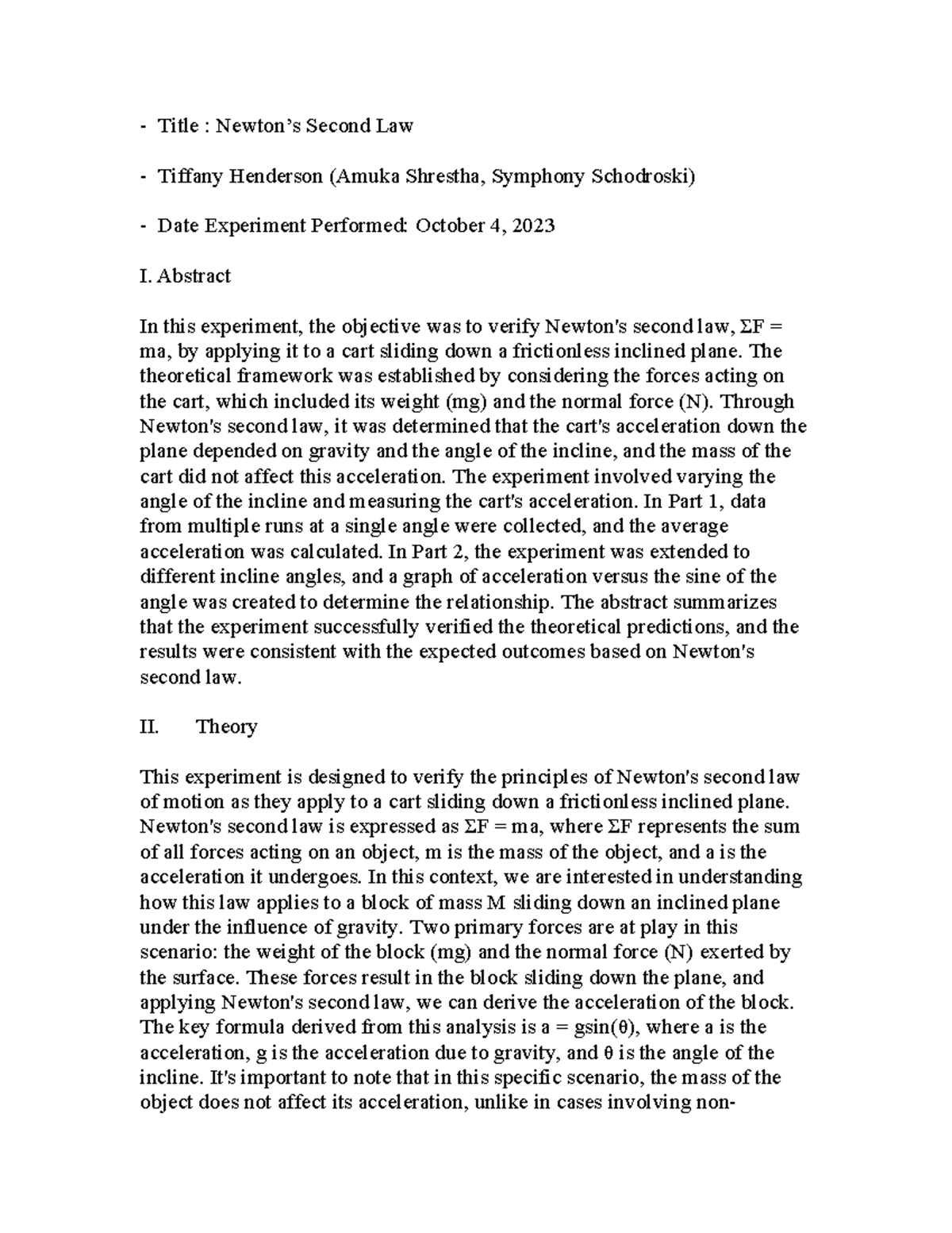 Physics Lab 5 Report: Verifying Second Law with Inclined Plane - Studocu