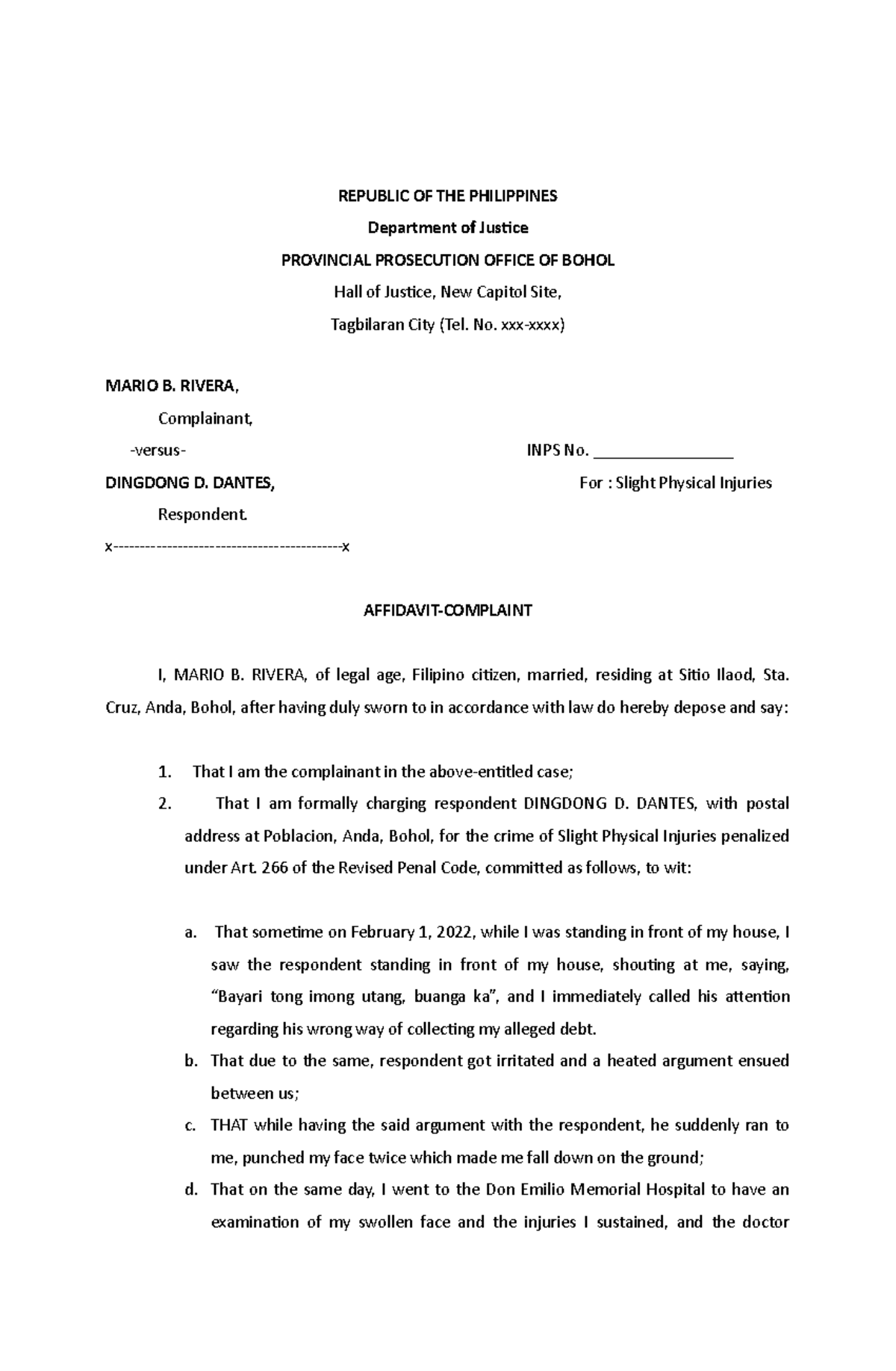 Complaint Affidavit for Slight Physical Injuries - Mario B. Rivera ...