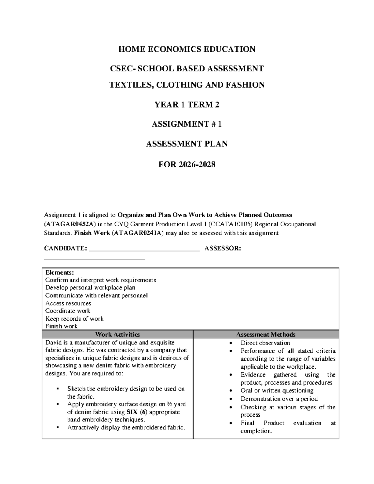 CSEC SBA 1: Textiles, Clothing & Fashion Year 1 Term 2 Assessment Plan ...