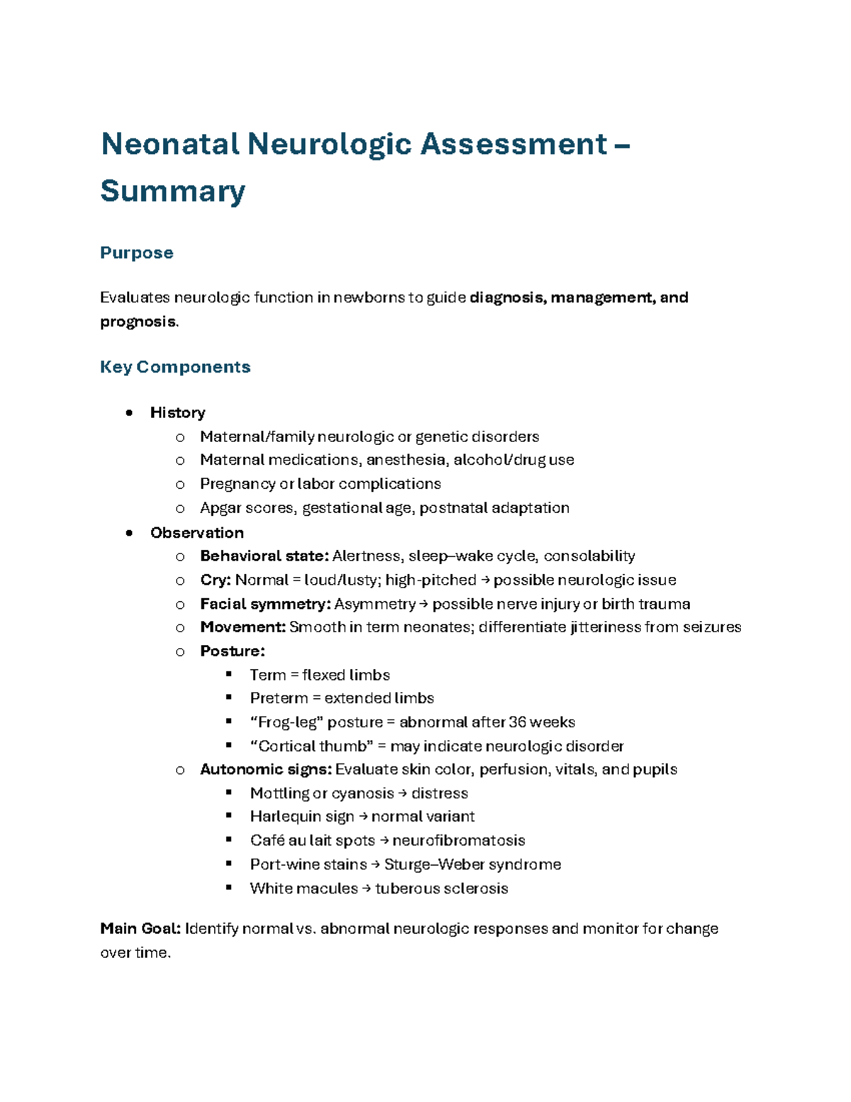 Neonatal Neurologic Assessment Summary (Course Code: NNA-101) - Studocu