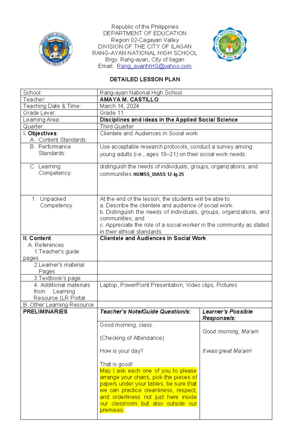 DLP - Social Science Detailed Lesson Plan for Grade 11 Students - Studocu
