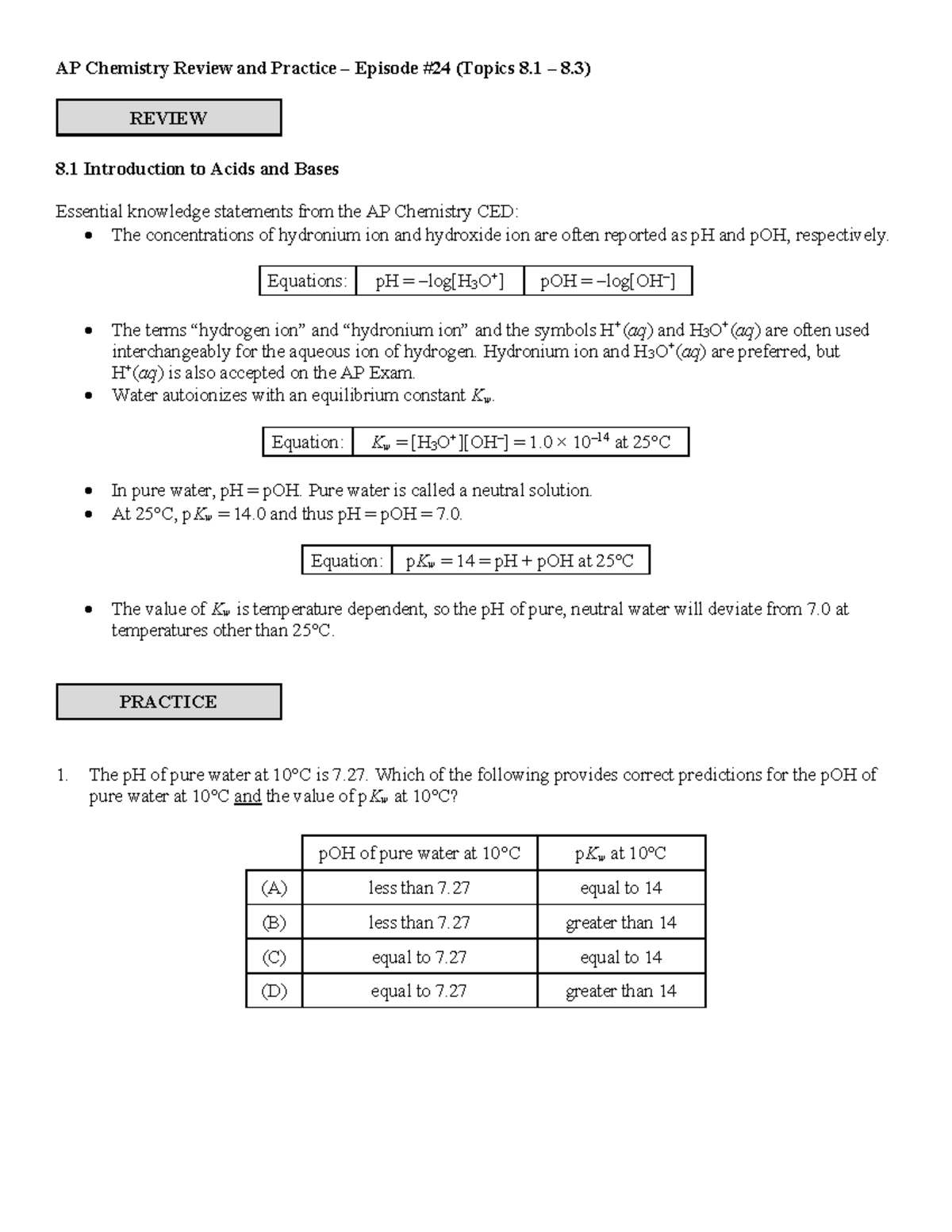 AP Chemistry Review: Acids & Bases (Topics 8.1 - 8.3) - Studocu