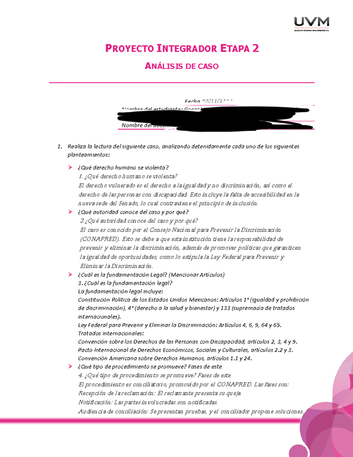 Proyecto integrador 2 Derechos Humanos - PROYECTO INTEGRADOR ETAPA 2 ANÁLISIS DE CASO Fecha: 06 ...