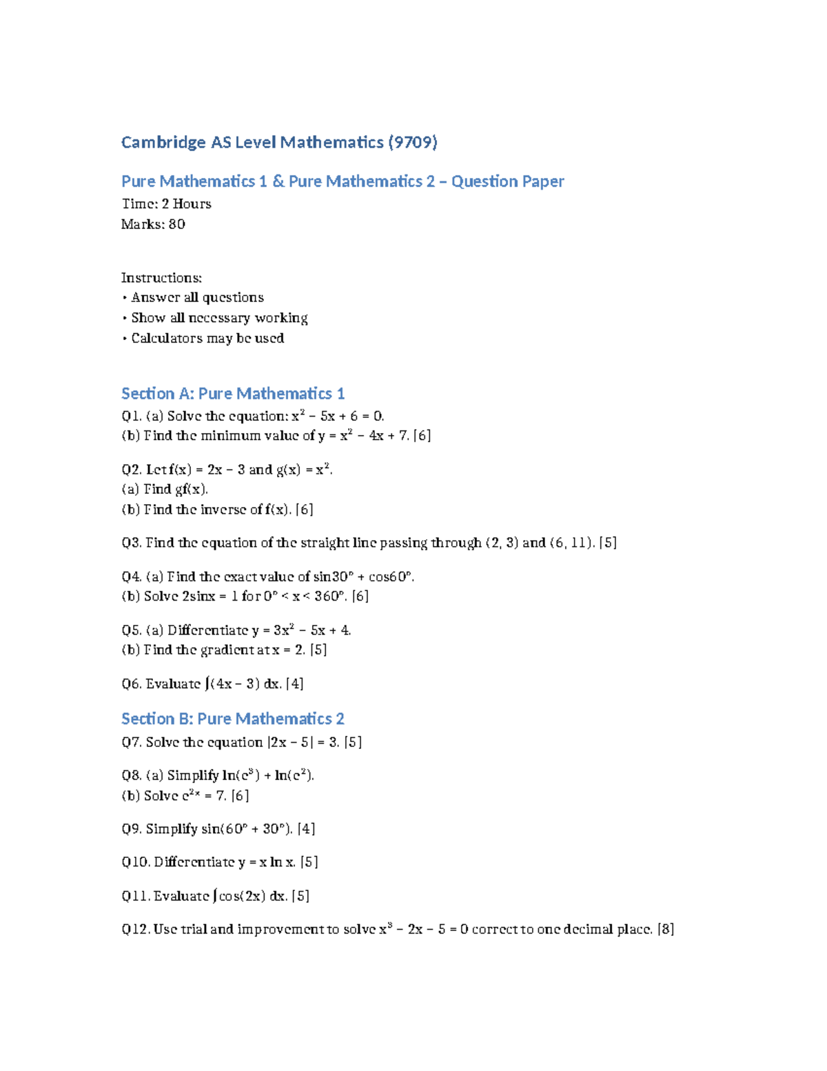 Cambridge AS Level Mathematics (9709) Pure Math 1 & 2 Exam Paper - Studocu