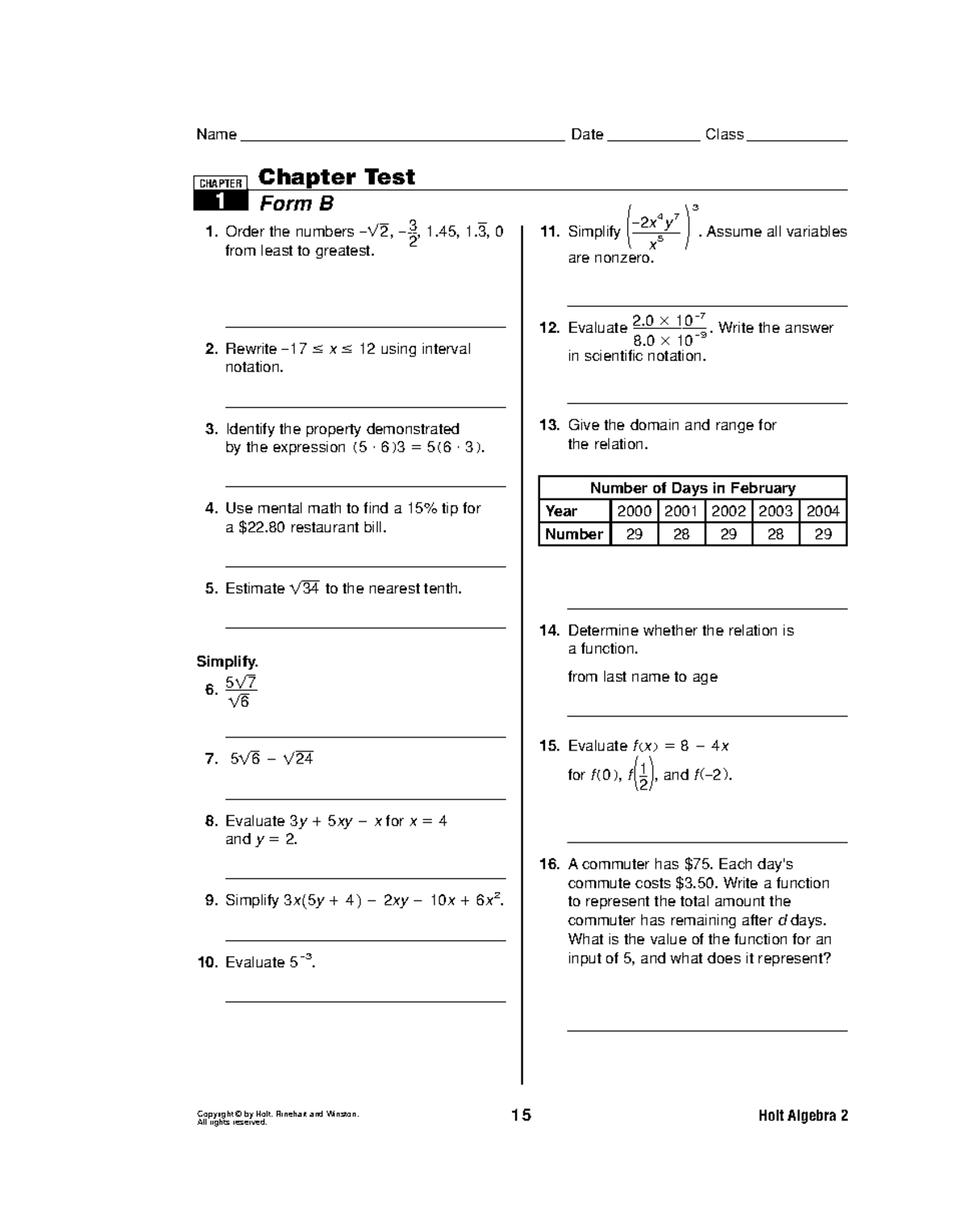 Algebra 2 Chapter 1 Review: Math Problems & Solutions - Studocu