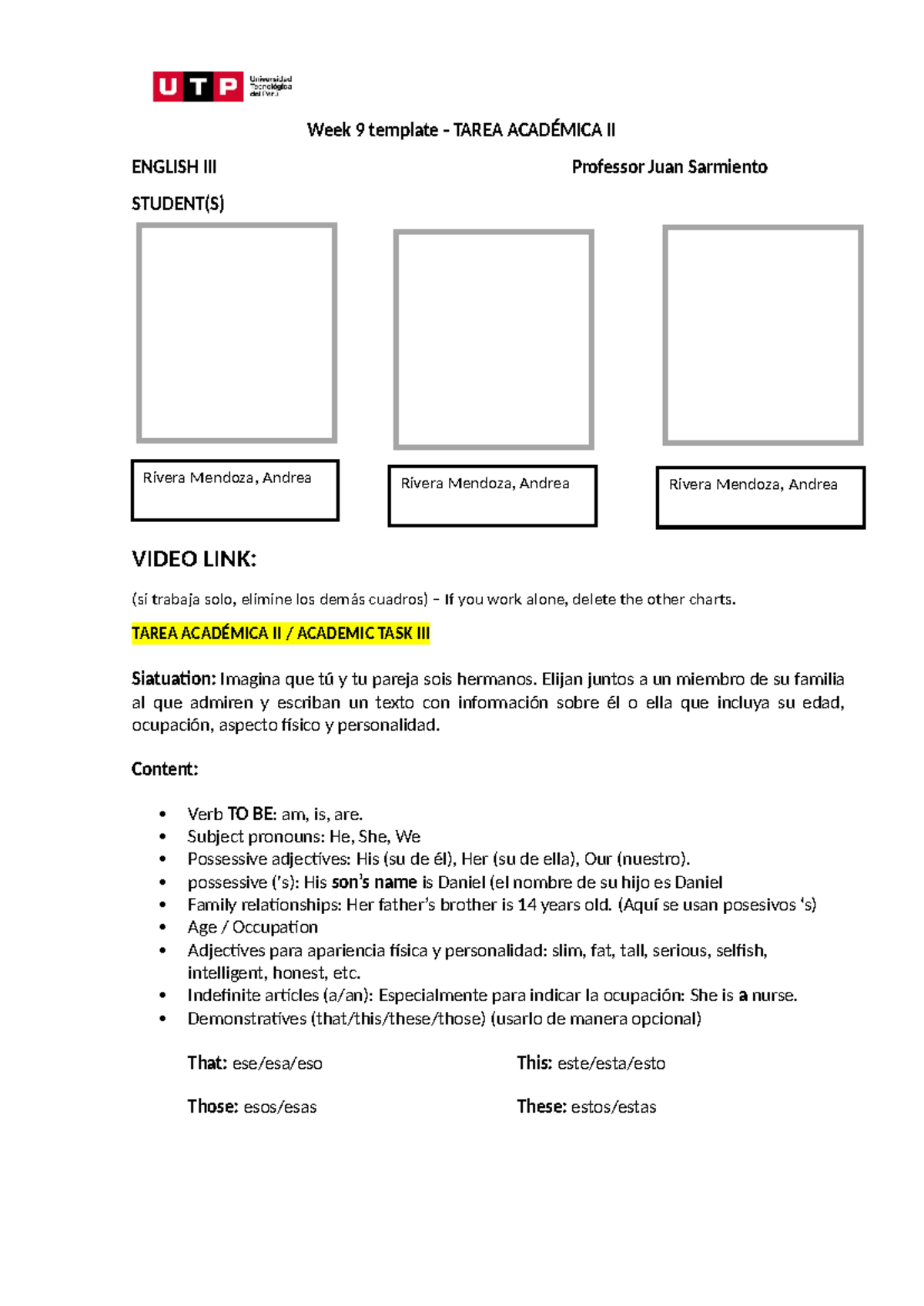 Week 9 Template - TAREA ACADÉMICA II - Inglés III - Studocu