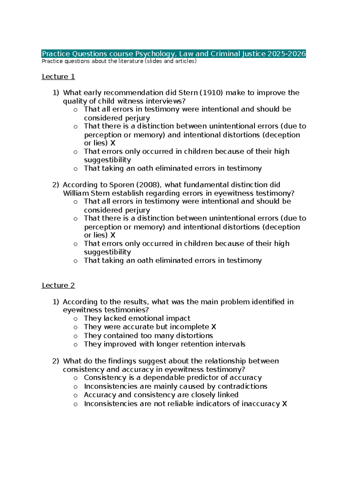 Psychology, Law & Criminal Justice: Practice Questions for Lectures ...