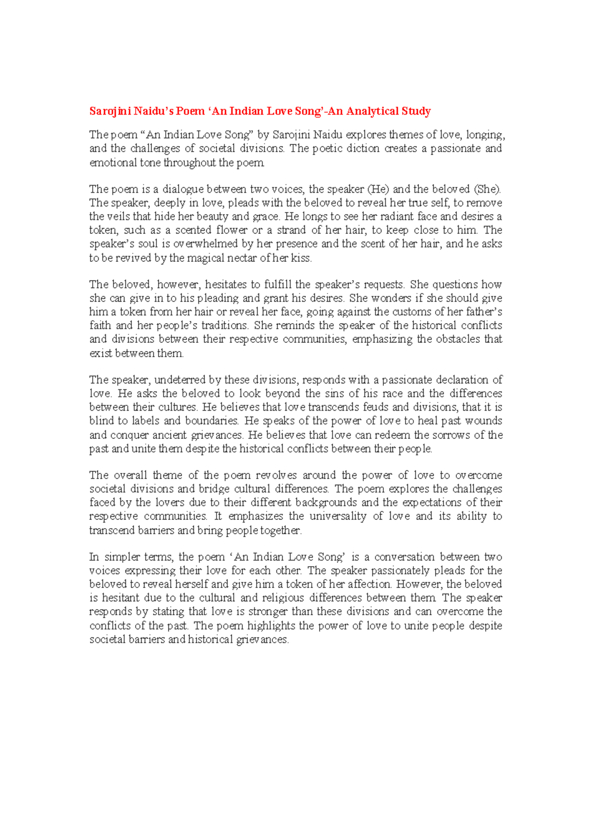 Analytical Study of Sarojini Naidu's 'An Indian Love Song' & Tagore's ...