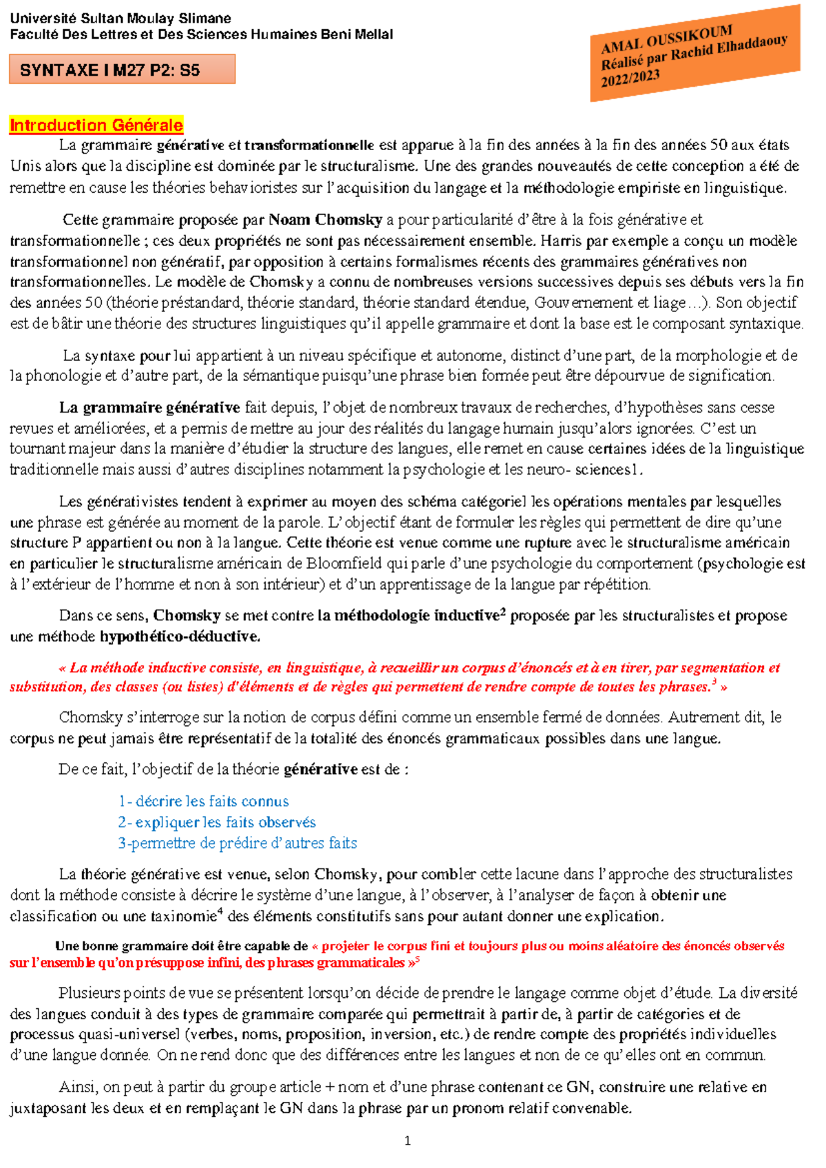Syntaxe I M27 P2: S5 - Introduction à la Grammaire Générative et - Studocu