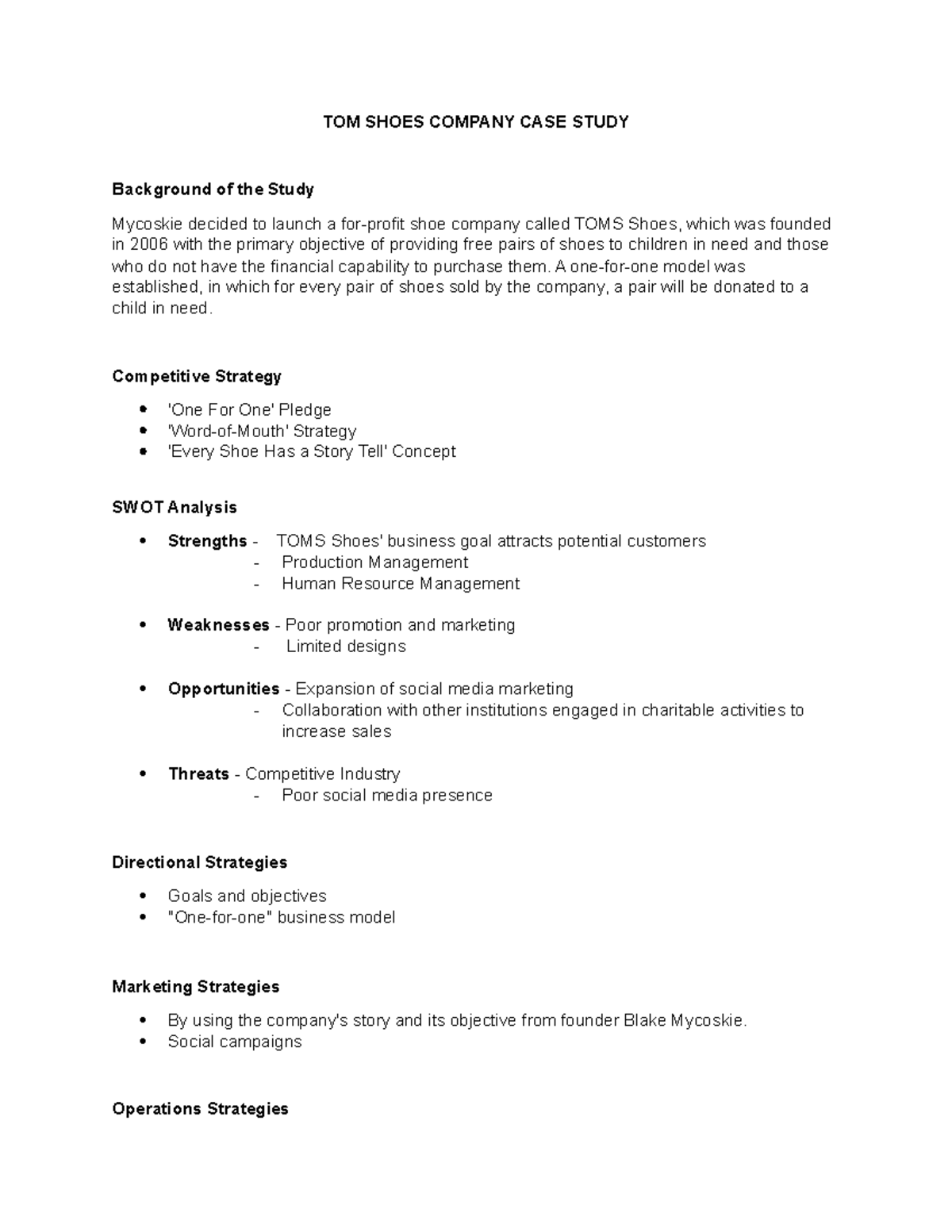 TOMS Shoes Company Case Study: Strategies & Recommendations - Studocu