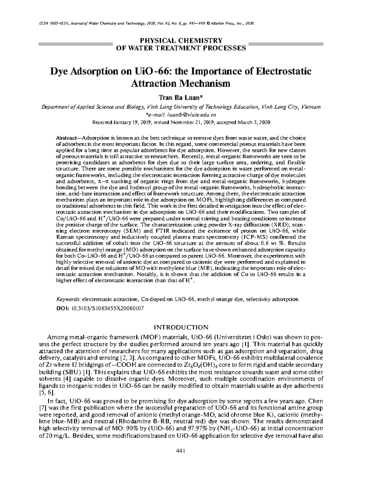 JWCT441 - Electrostatic Attraction Mechanism in Dye Adsorption - Studocu