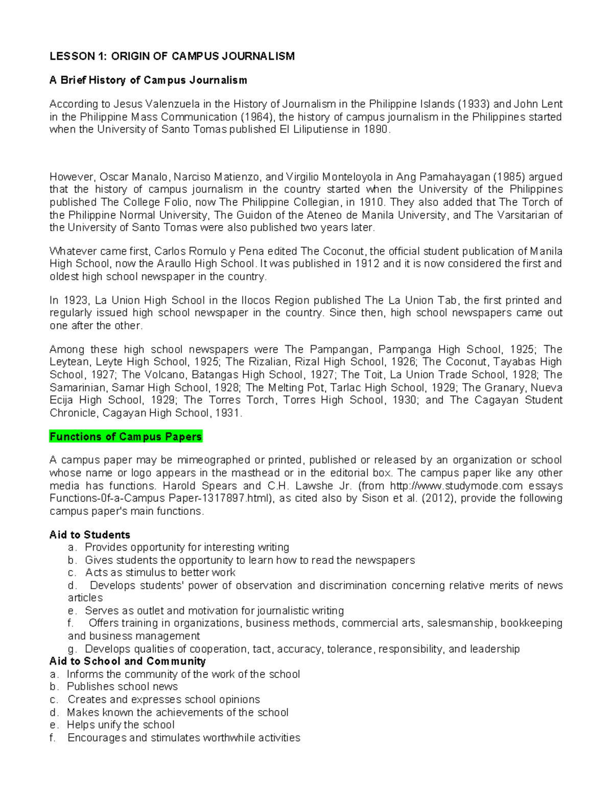 CAMPUS JOURNALISM LESSONS: A Historical Overview and Functions - Studocu