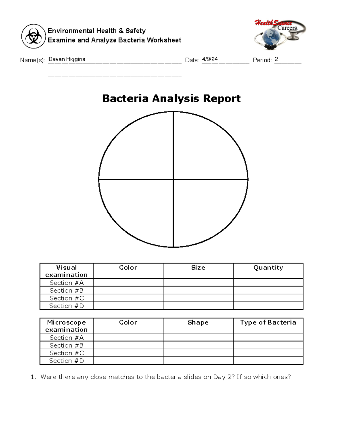 D4 Examine and Analyze Bacteria Worksheet - Name(s