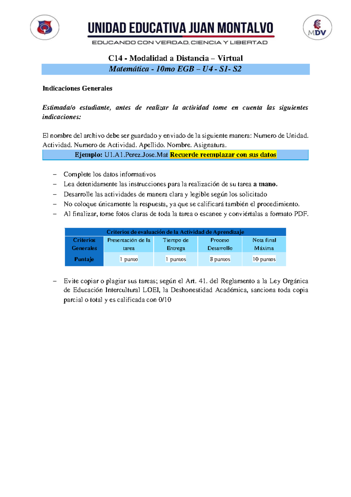 Actividad de Aprendizaje Matemática 10mo EGB U4-S2: Instrucciones y Criterios - Studocu