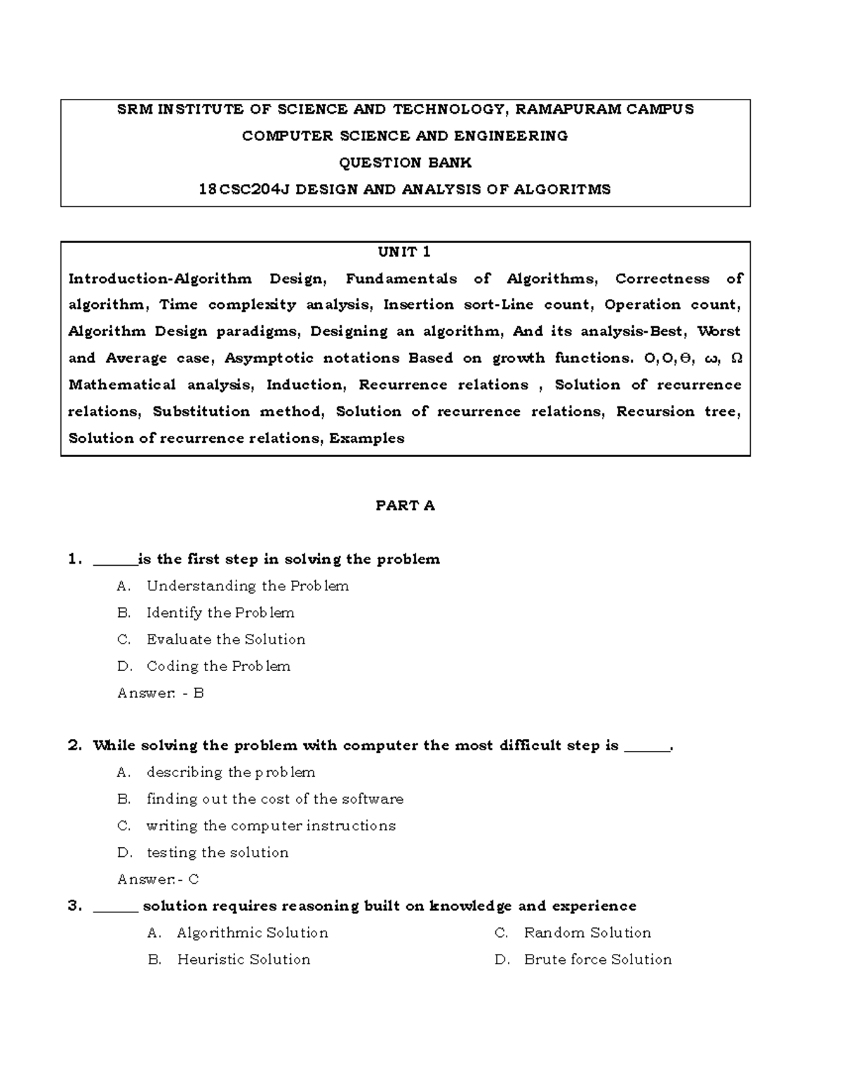 DAA Question Bank - 18CSC204J Design and Analysis of Algorithms - Studocu