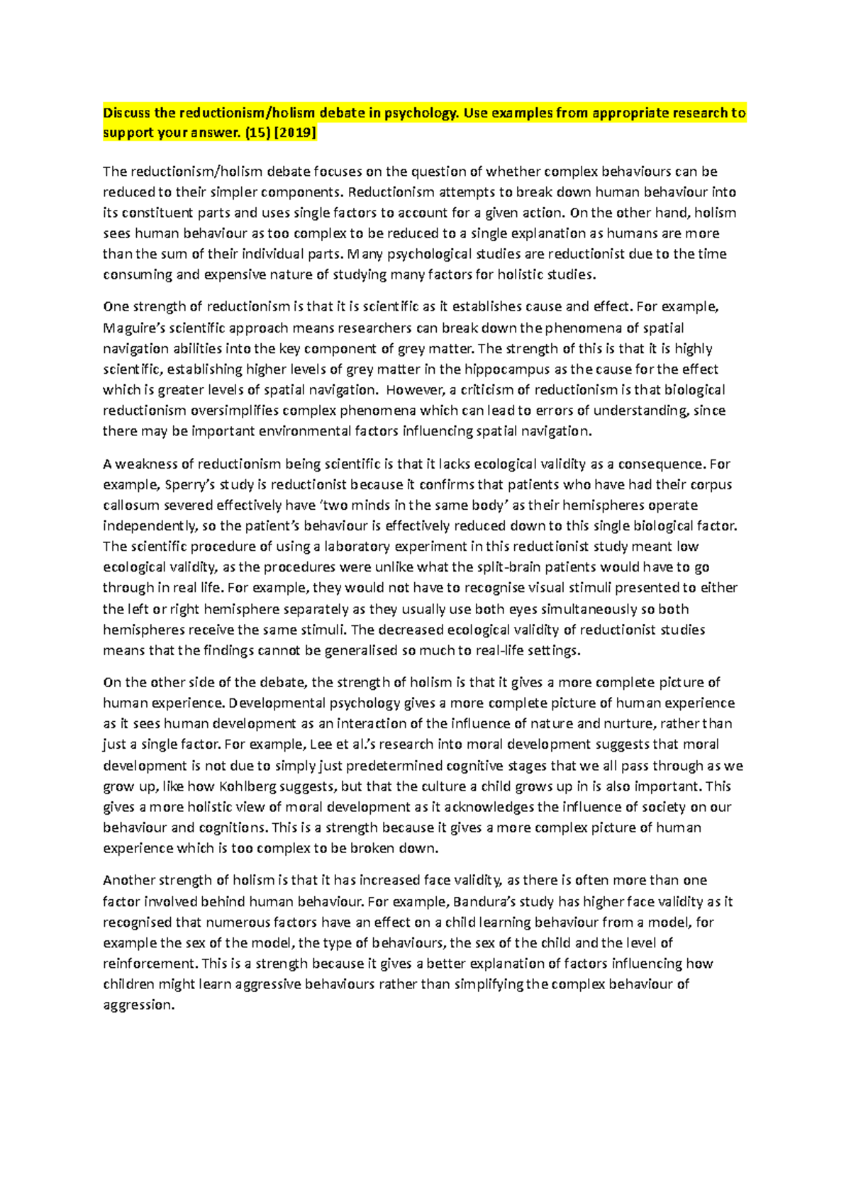 15 Marker Reductionism Holism - Discuss the reductionism/holism debate ...