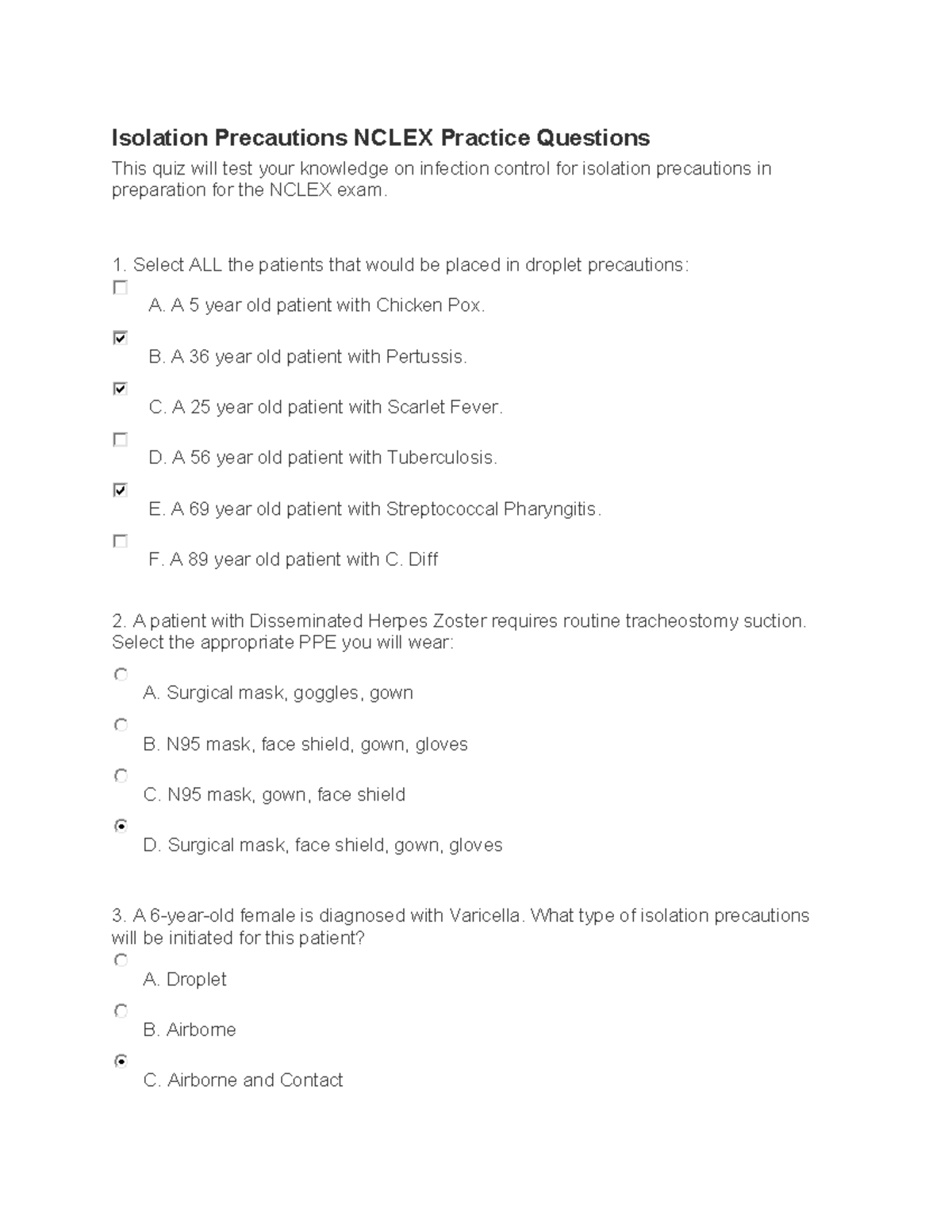 Isolation Precautions NCLEX Quiz & Answer Key for Infection Control ...