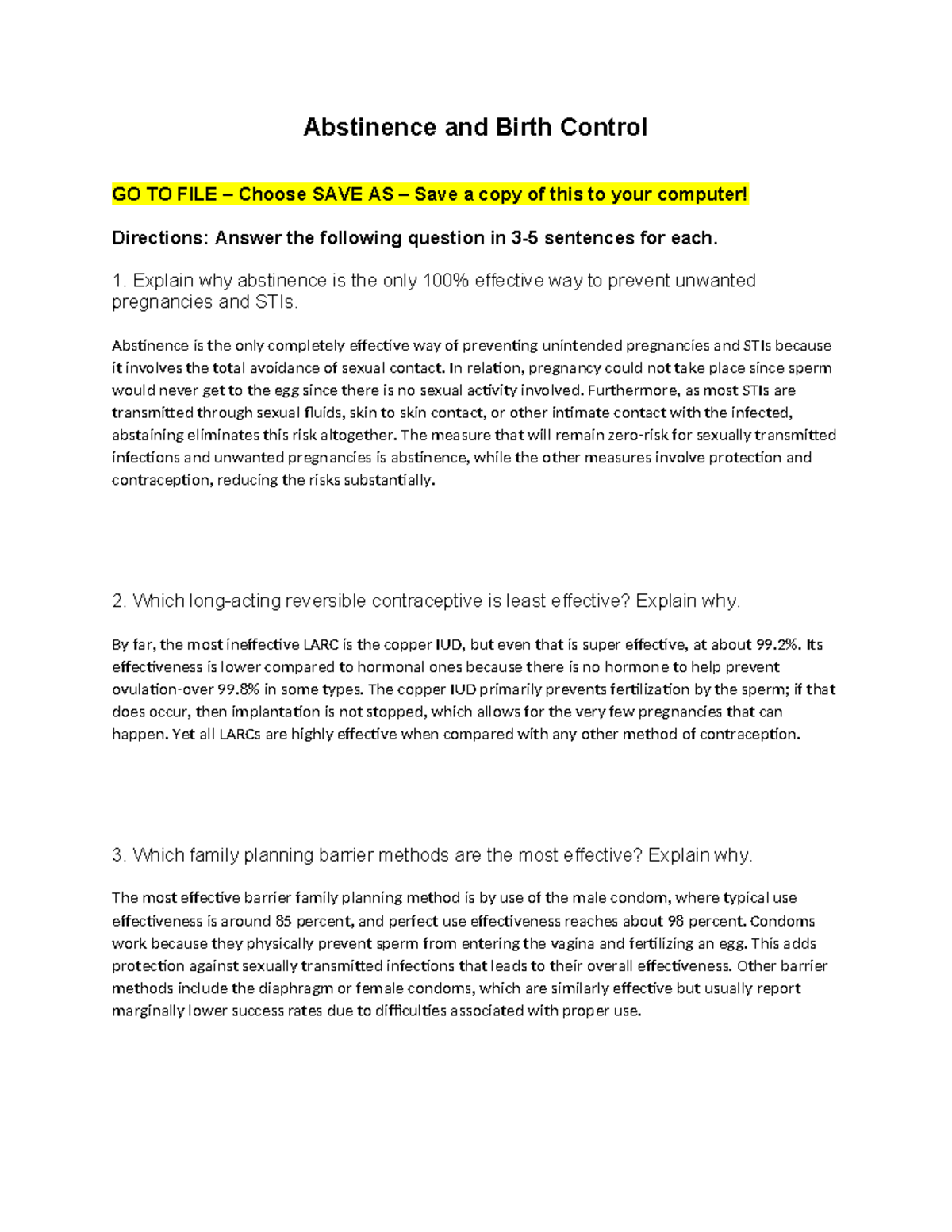 02 03 07 Life Management: Abstinence & Contraceptive Methods Analysis ...