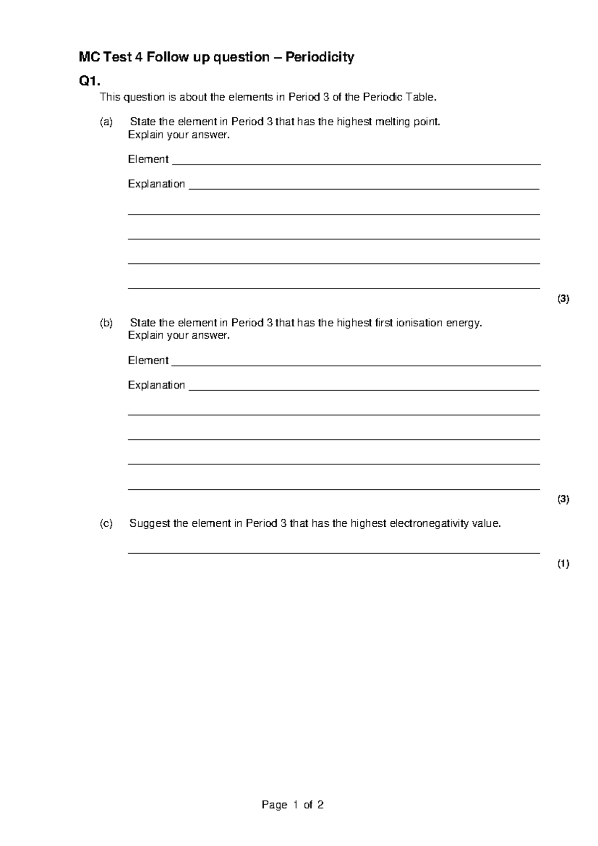 MC Test 4: Periodicity Exam Questions on Period 3 Elements - Studocu