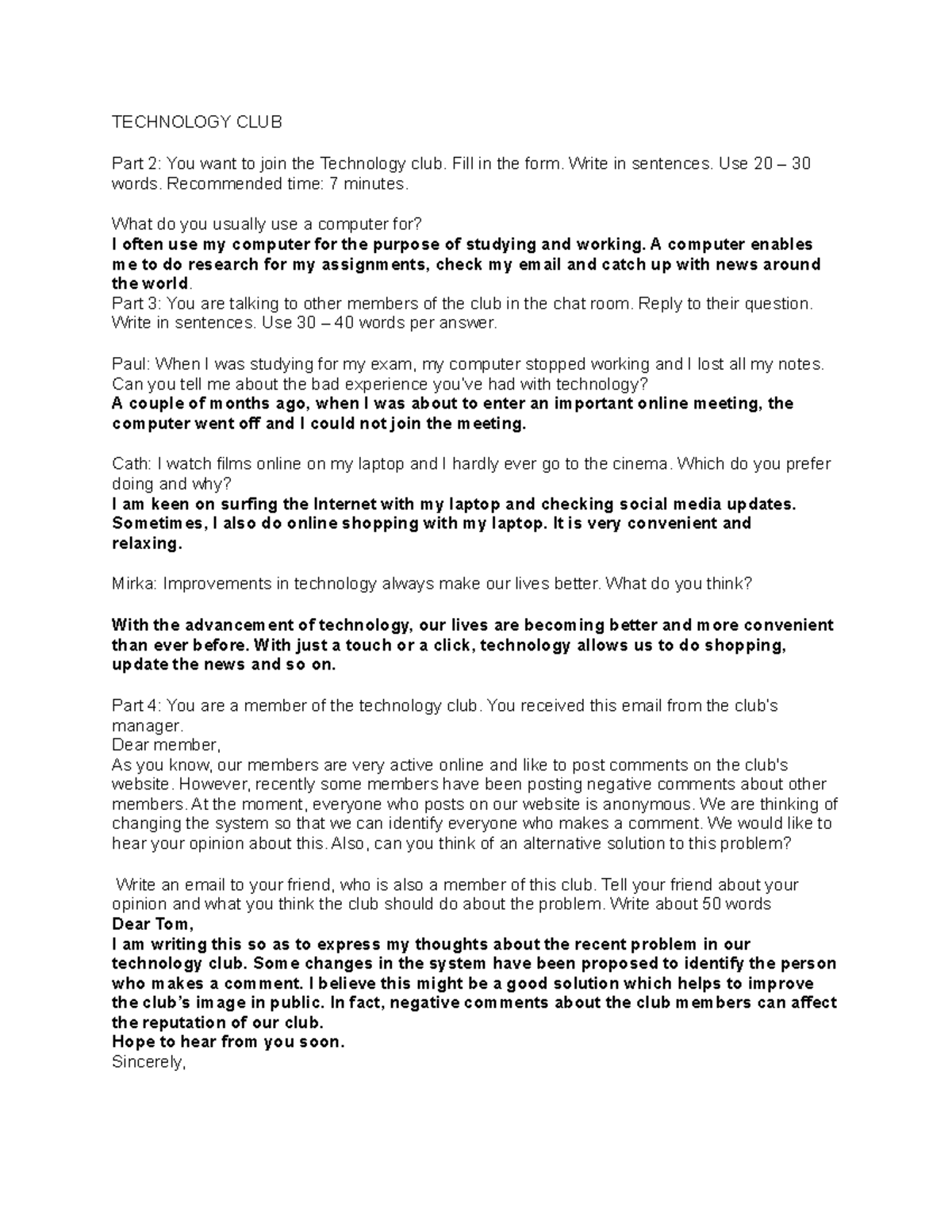 Aptis Writing-B2: Reflections on Technology Club Membership - Studocu