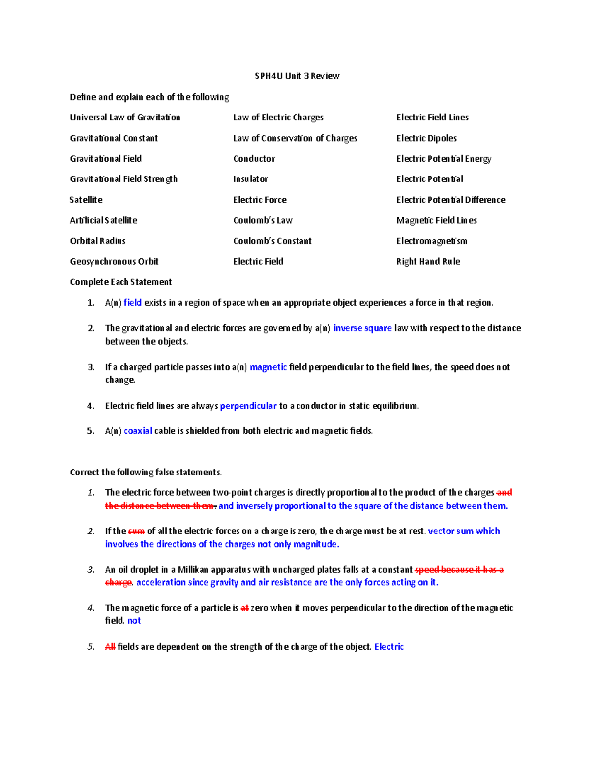 SPH4U Unit 3 Physics Review: Gravity, Electricity, and Magnetism ...